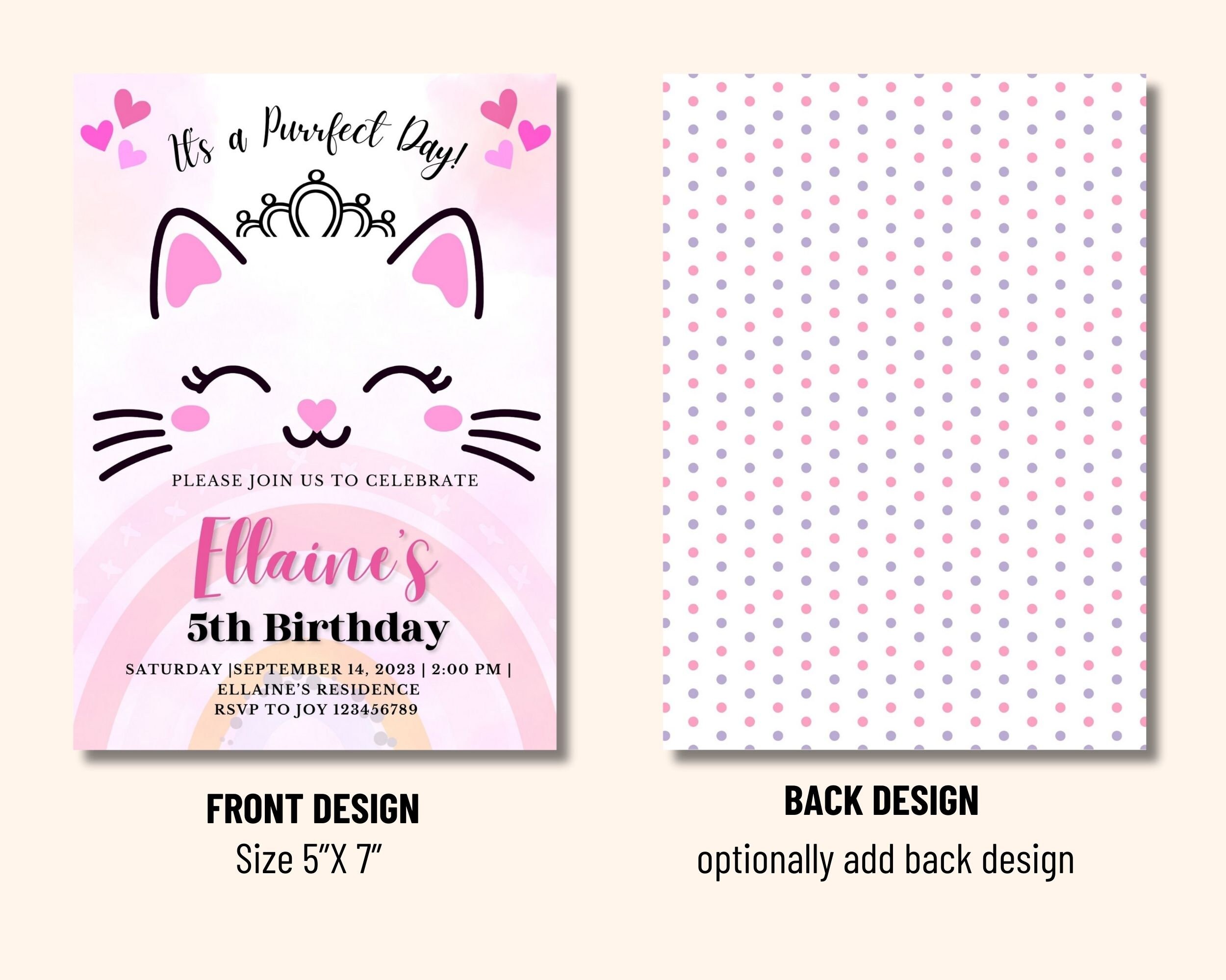 Cute Cat Birthday Invitation Cat Themed Party Invite Girl - Etsy