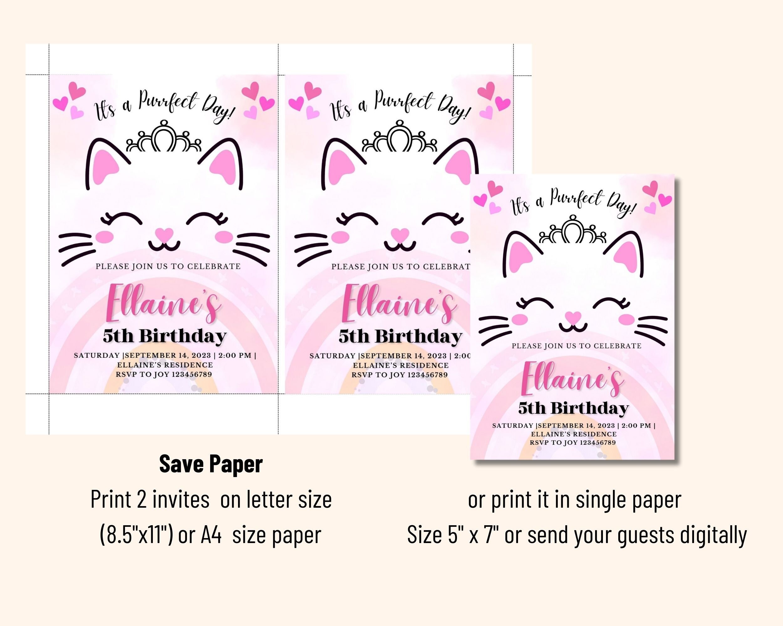 Cute Cat Birthday Invitation Cat Themed Party Invite Girl - Etsy