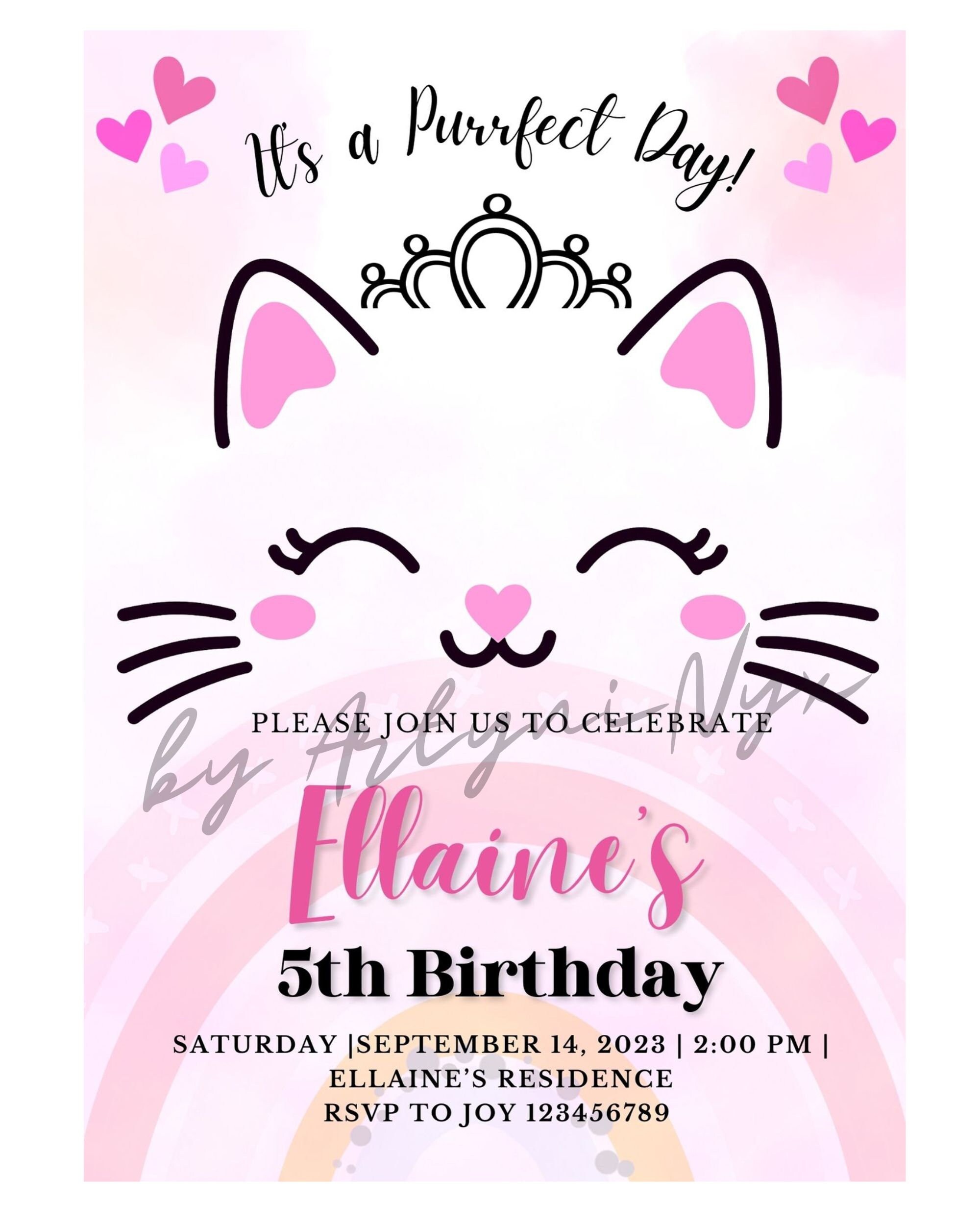 Cute Cat Birthday Invitation Cat Themed Party Invite Girl - Etsy