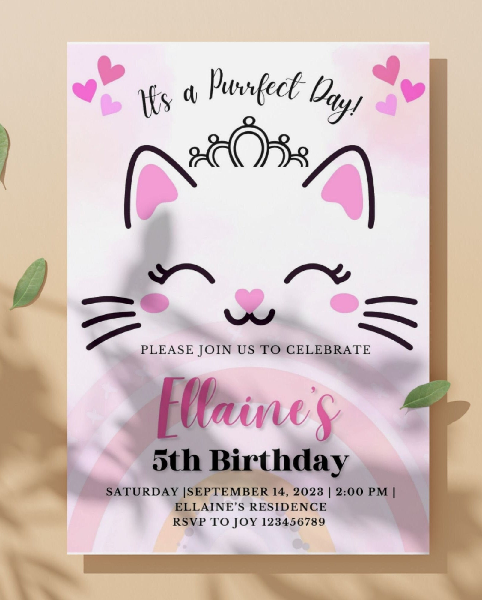 Cute Cat Birthday Invitation Cat Themed Party Invite Girl - Etsy