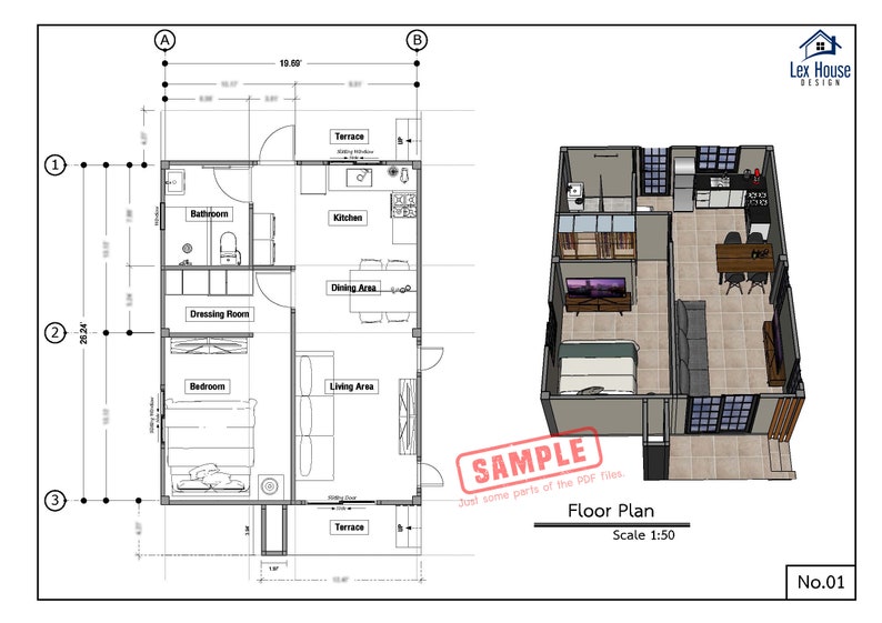 Small House Plan Design, 1 Bedroom and 1 Bathroom, Elevation Sections, Tiny House Plan, Digital ...