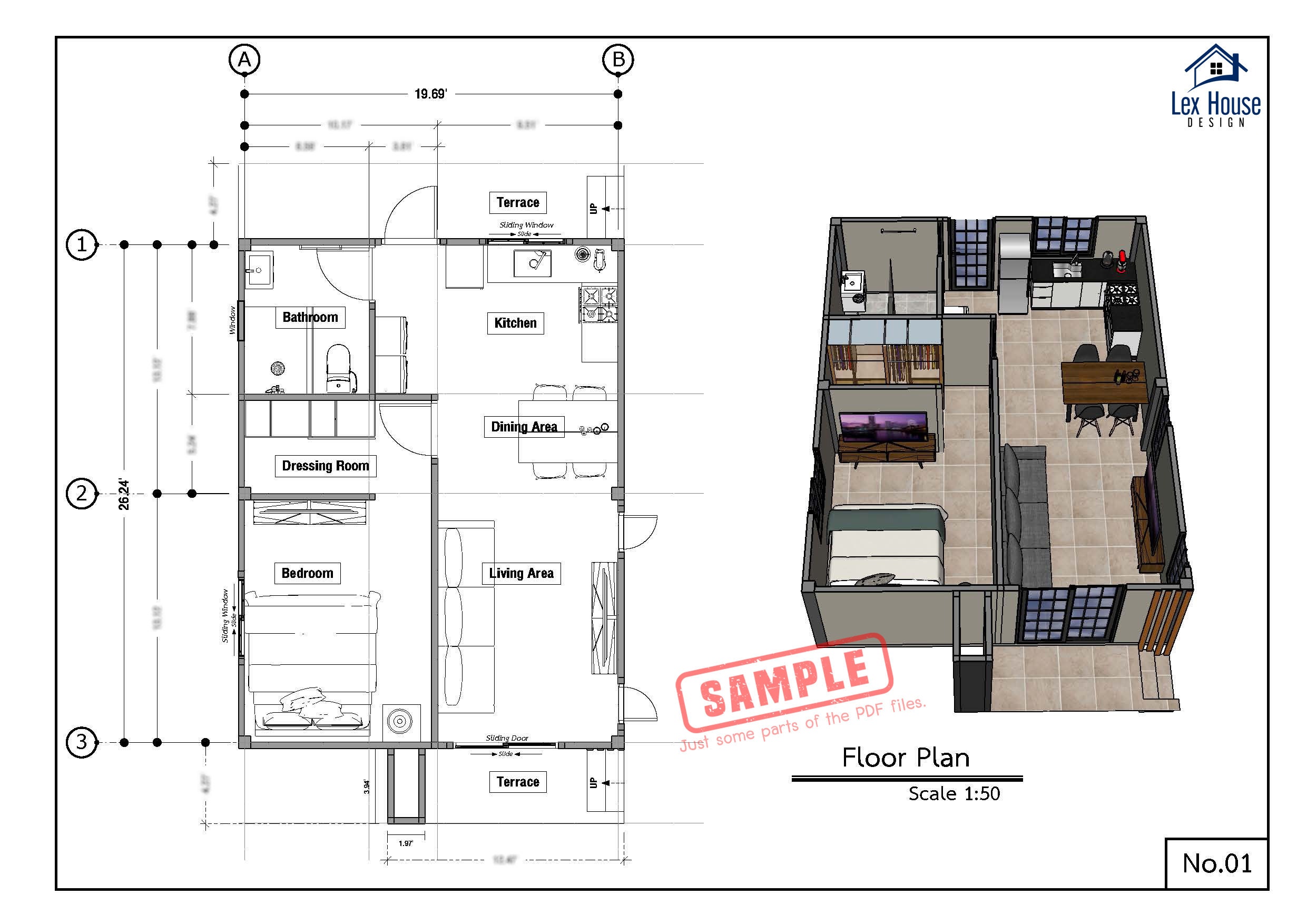 Small House Plan Design, 1 Bedroom and 1 Bathroom, Elevation Sections ...