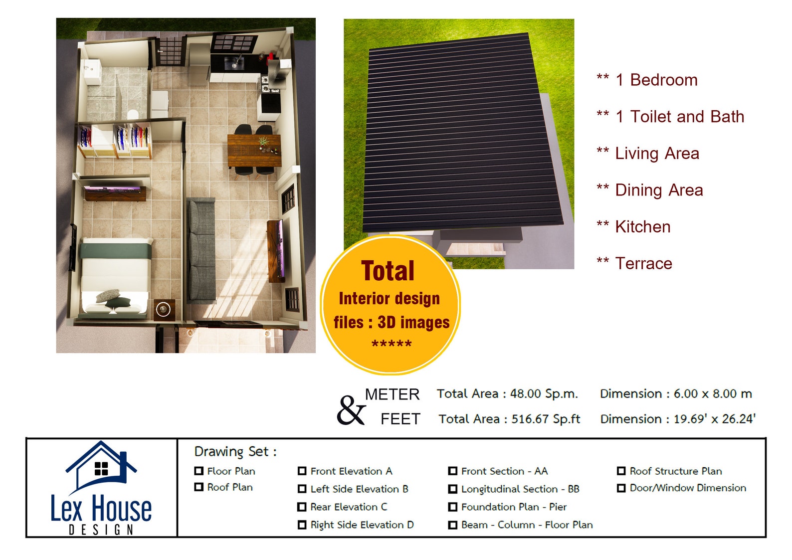 Small House Plan Design, 1 Bedroom and 1 Bathroom, Elevation Sections ...