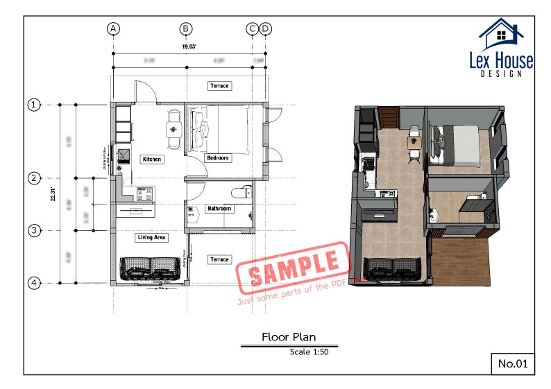 Small Modern House Plan, Small House Plan Design, 1 Bedroom and 1 Bathroom, Elevation Sections ...