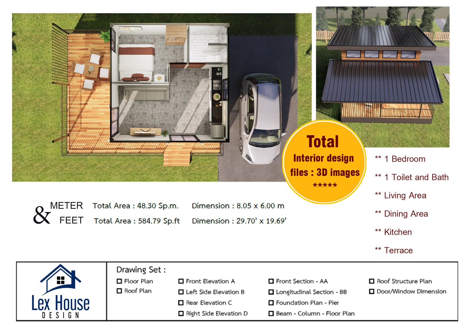 Tiny House Plan, Small House Plan Design, 1 Bedroom and 1 Bathroom ...