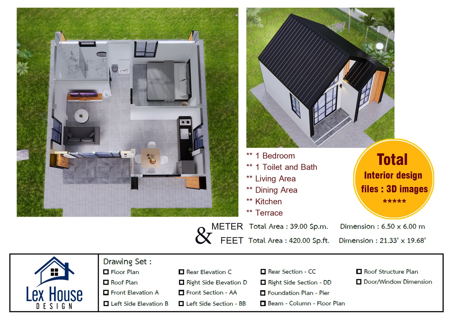 Small Modern House Plan, Small House Plan Design, 1 Bedroom and 1 ...