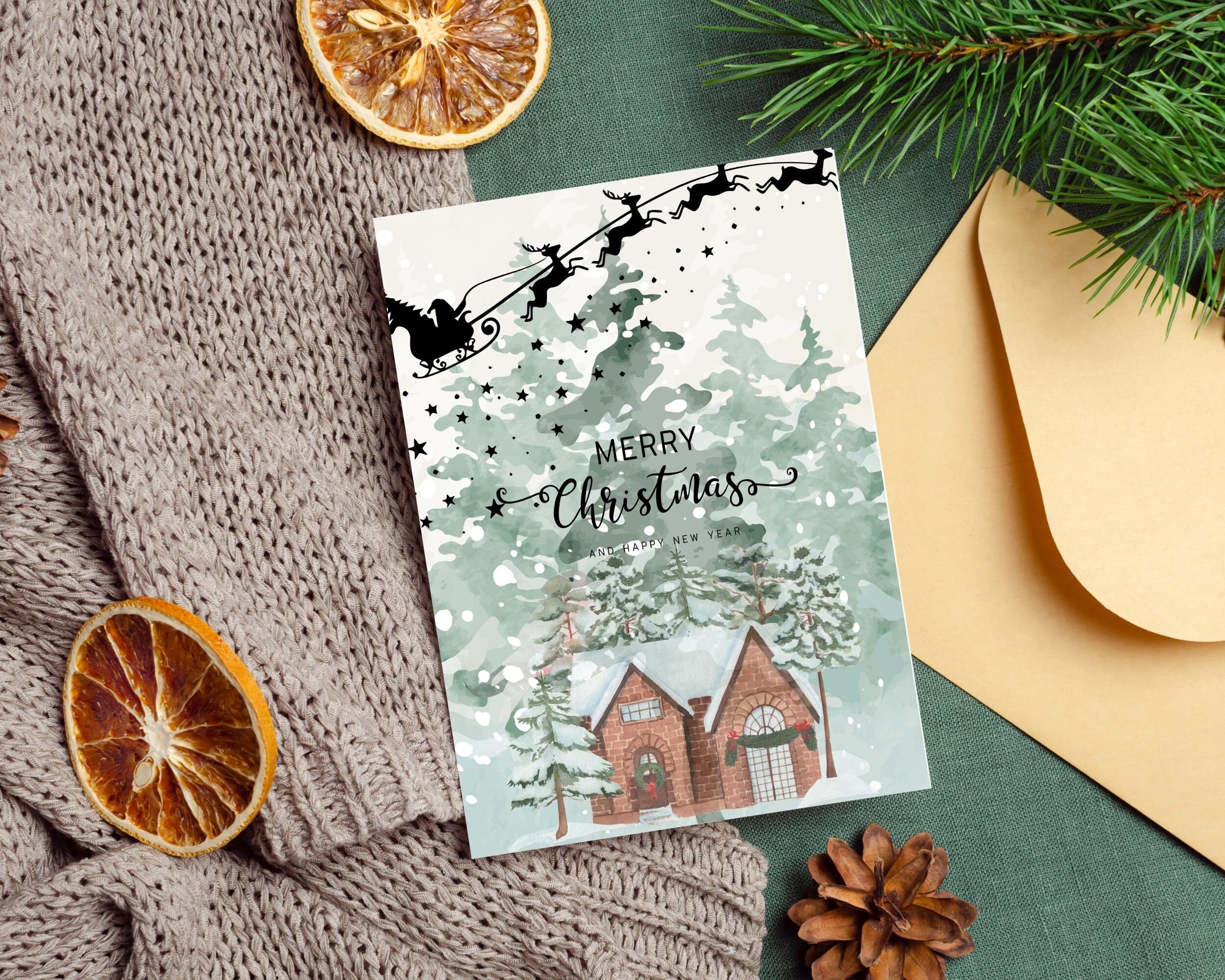 Christmas Card Template, Printable Snowy Home Christmas Card, Merry ...