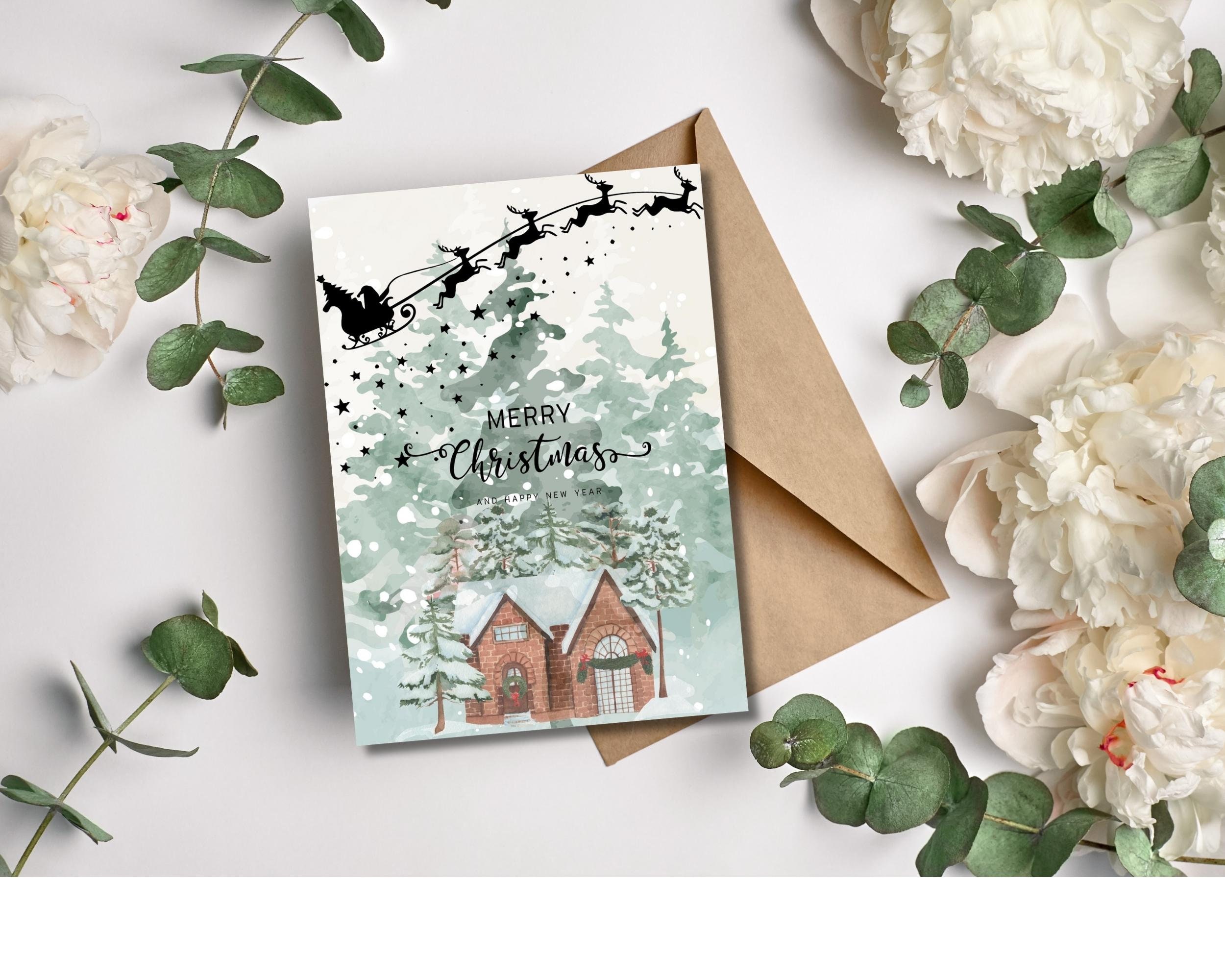 Christmas Card Template, Printable Snowy Home Christmas Card, Merry ...
