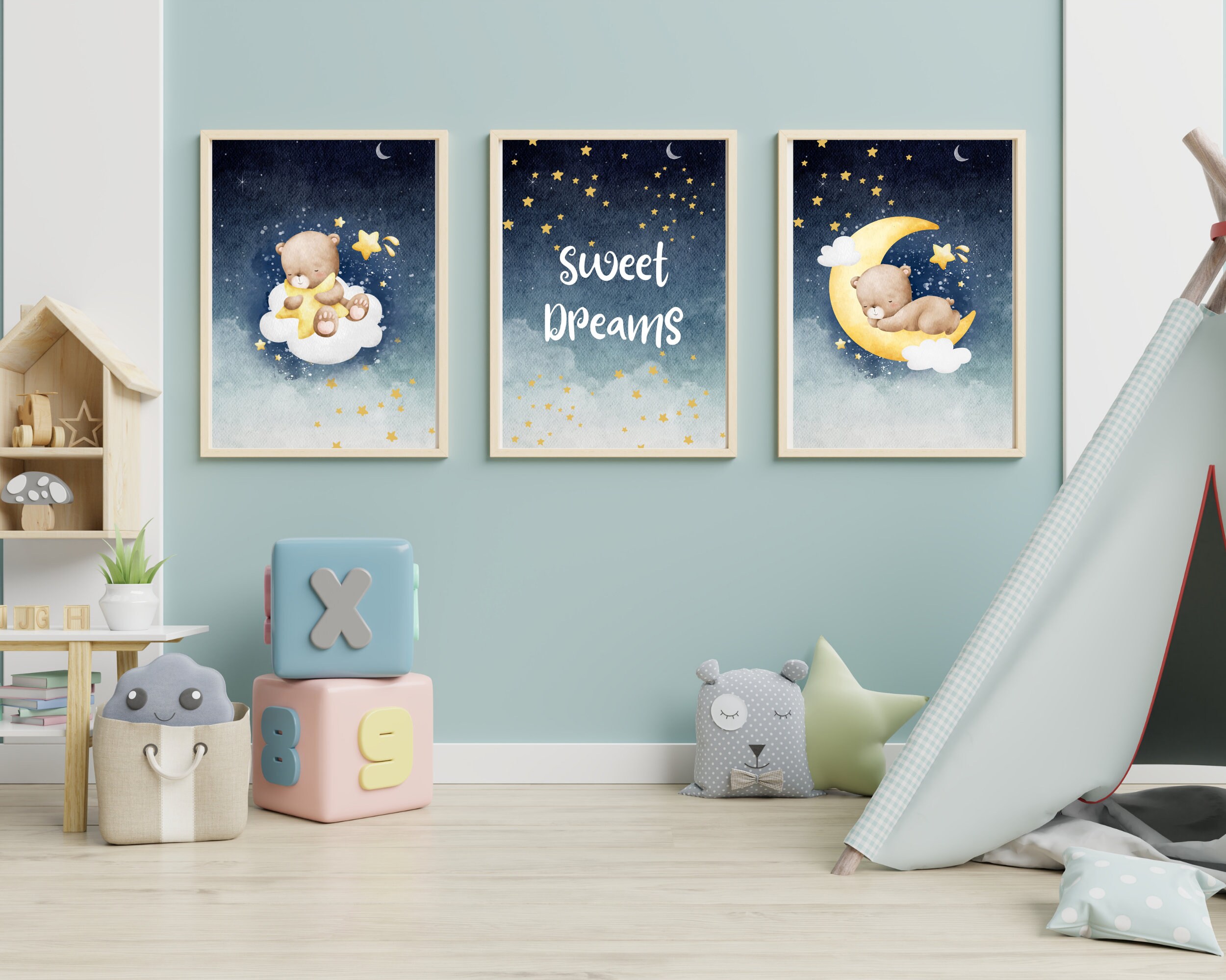 Modern Teddy Bear Print, Set of 3 Nursery Wall Art Print, Kids Room Art ...
