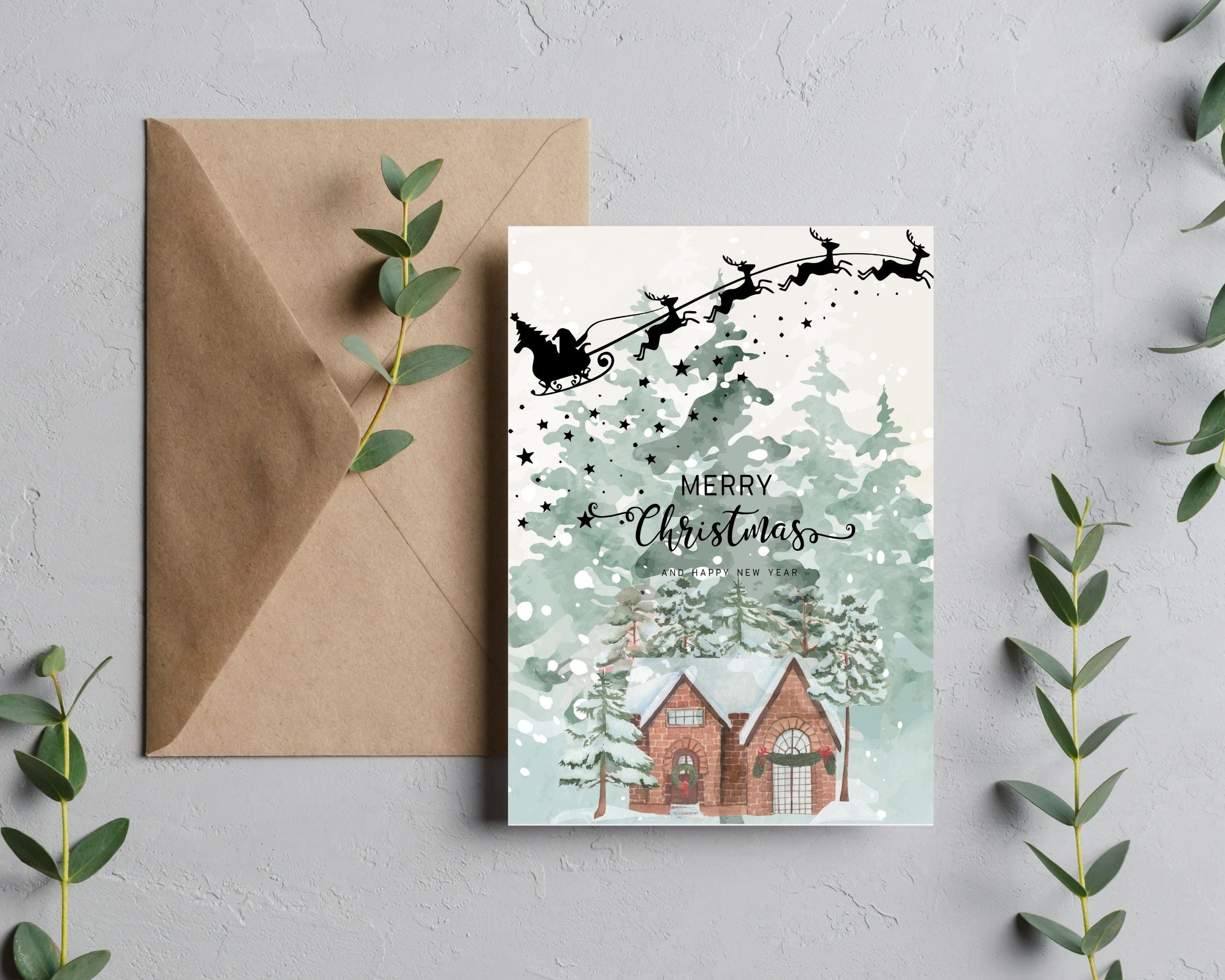 Christmas Card Template, Printable Snowy Home Christmas Card, Merry ...