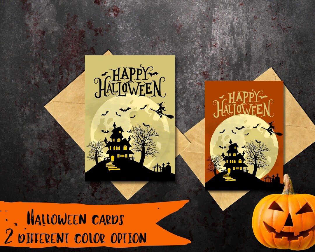 Printable Halloween Cards, Beige & Orange Design, Digital Download for ...