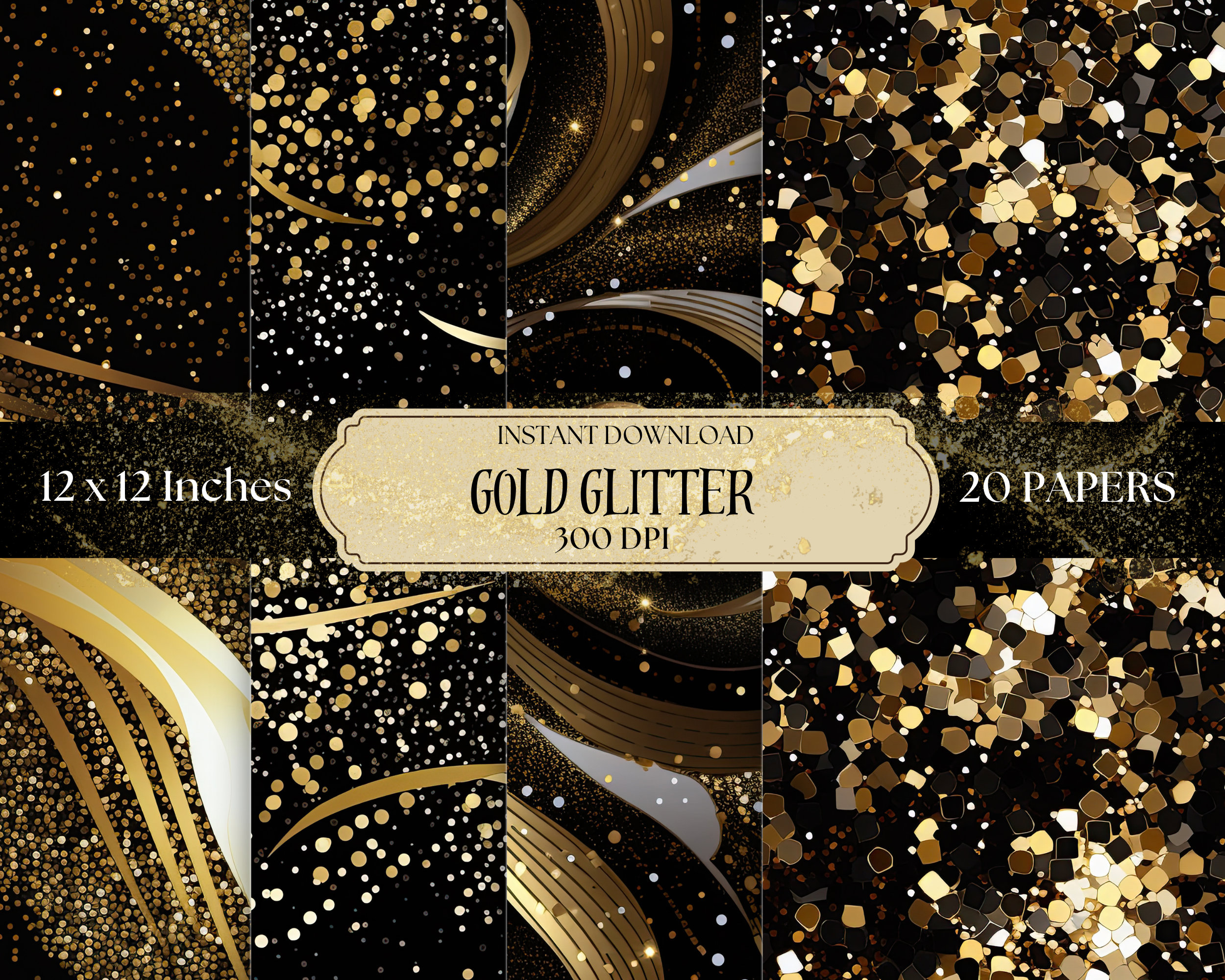 Gold Glitter, Digital Paper, Seamless Black and Gold Foil Backgrounds ...
