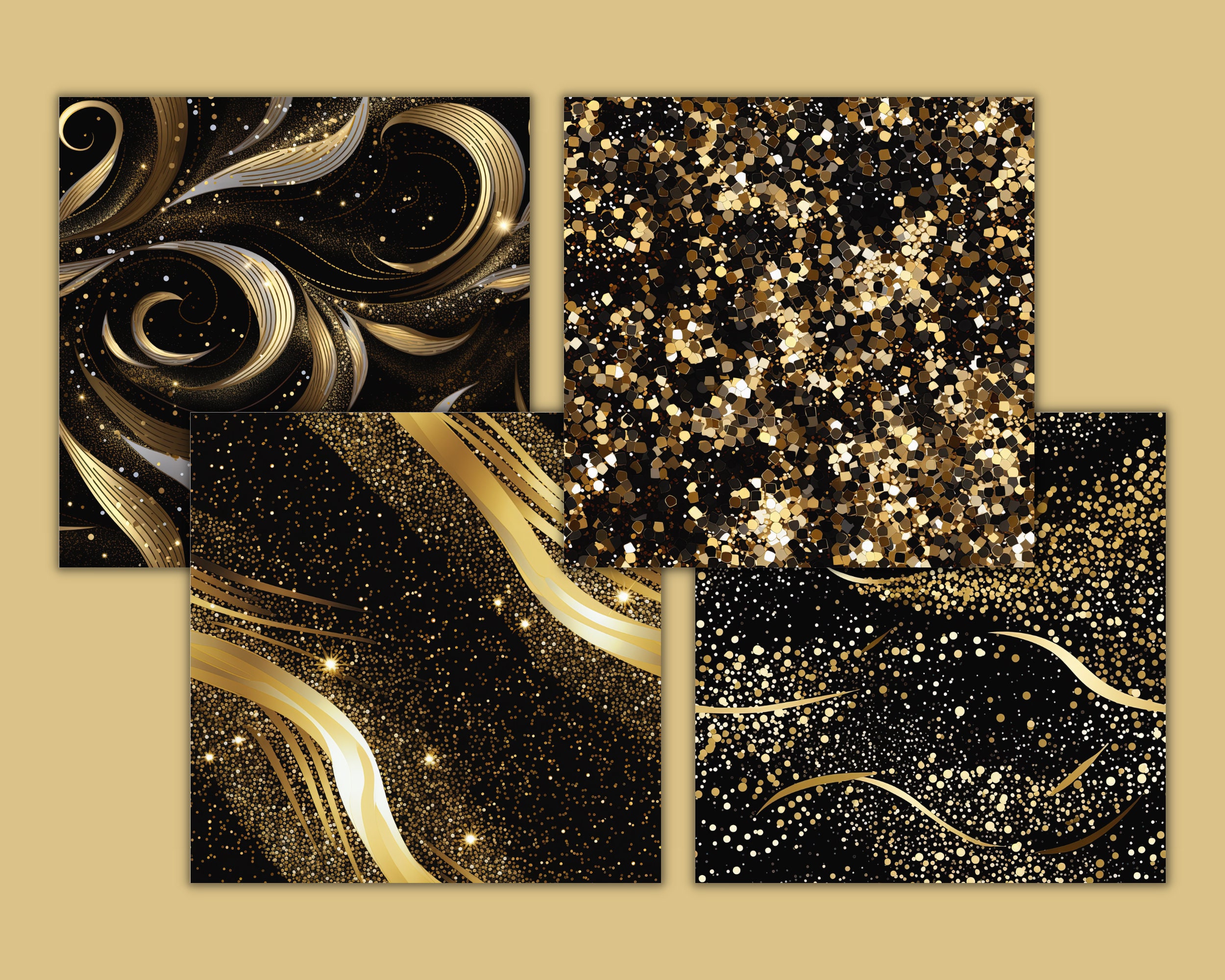 Gold Glitter, Digital Paper, Seamless Black and Gold Foil Backgrounds ...