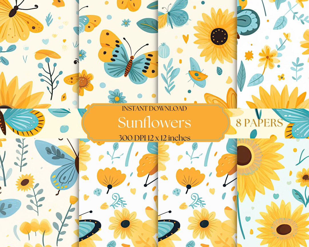 Sunflower Digital Paper, Seamless Patterns, Watercolor Flowers, Instant ...