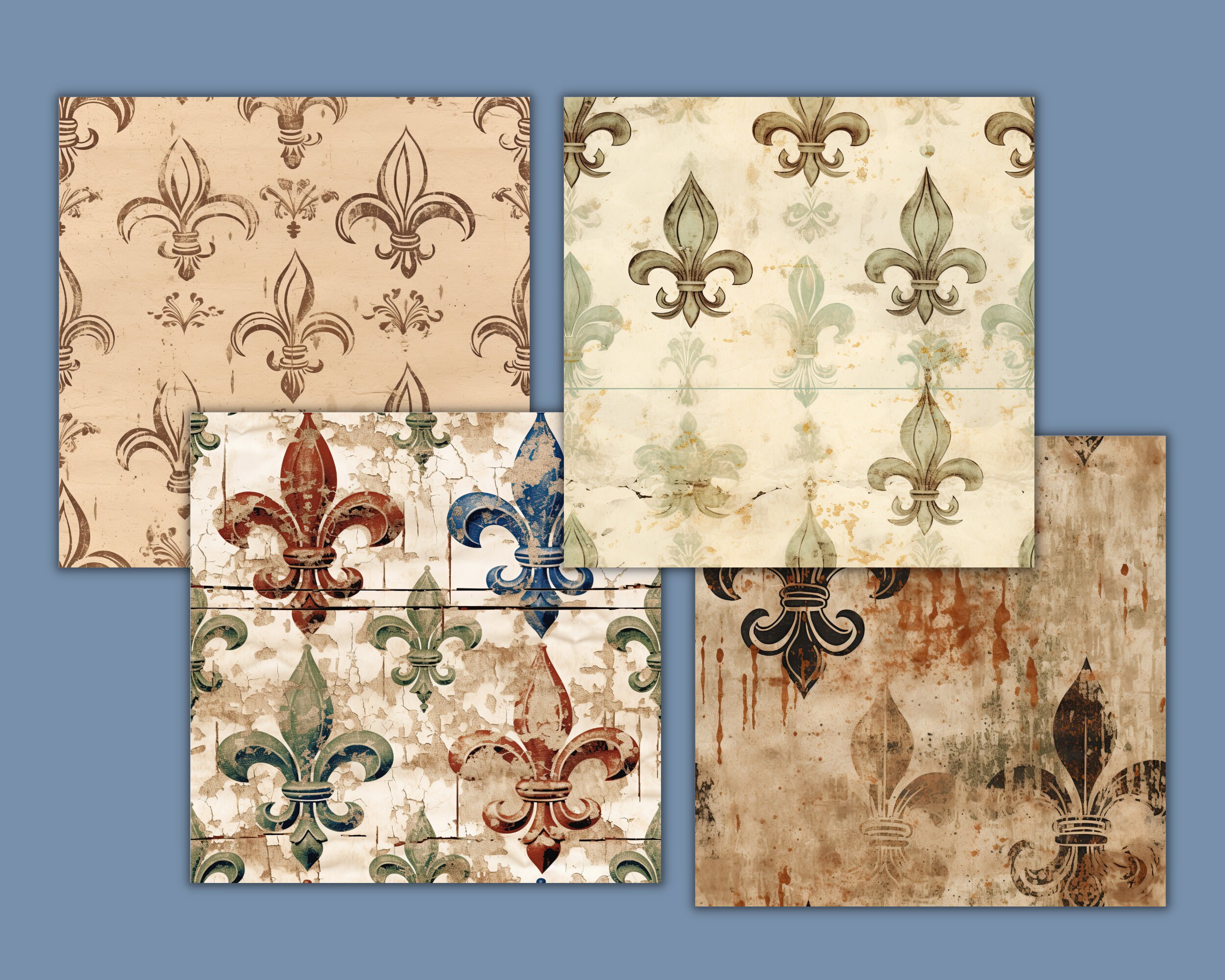 Fleur De Lis, Digital Paper, Distressed Fleur De Lis Design, Instant ...