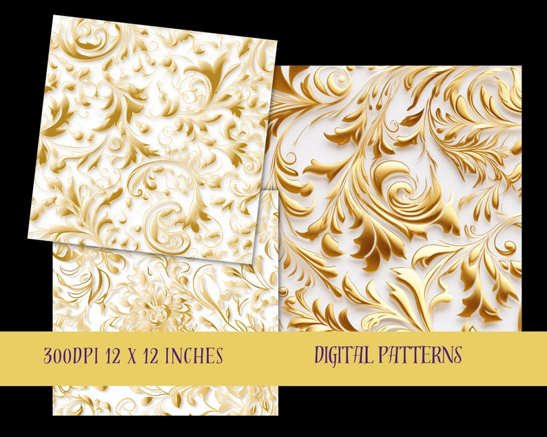 Luxurious Gold Filigree Digital Paper Set on White Background ...