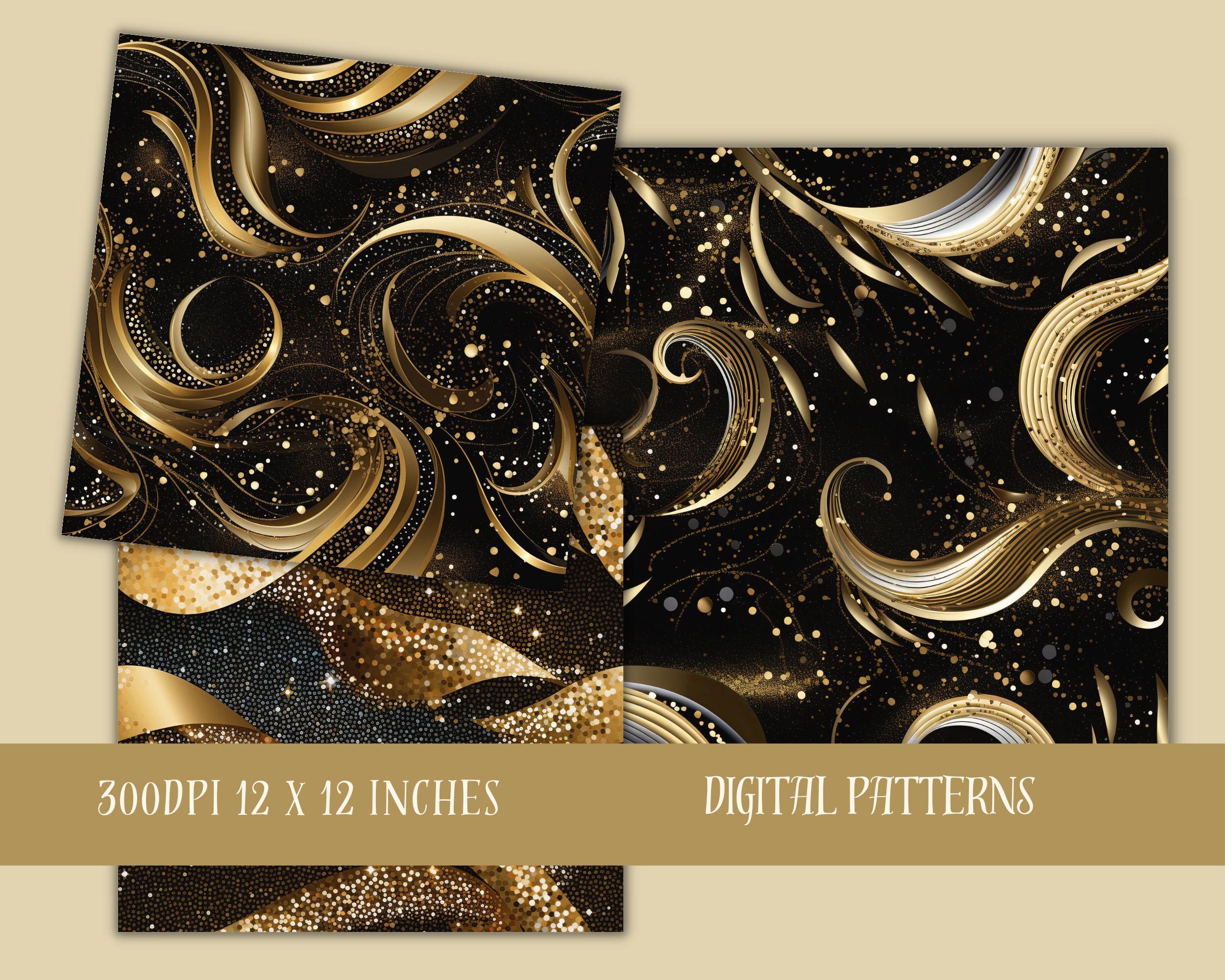 Gold Glitter, Digital Paper, Seamless Black and Gold Foil Backgrounds ...