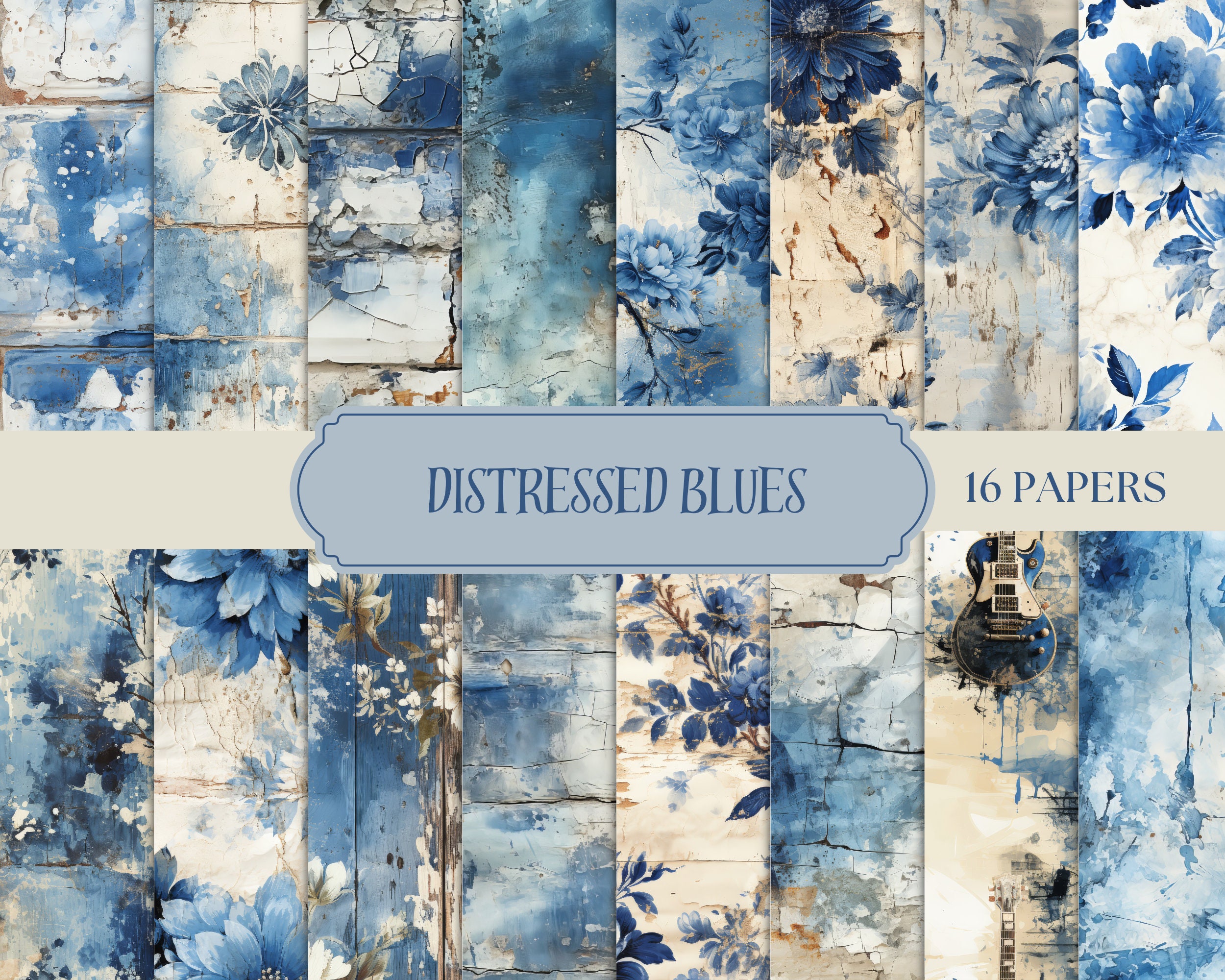 Distressed Blues Digital Paper Set - Printable Texture Backgrounds for ...