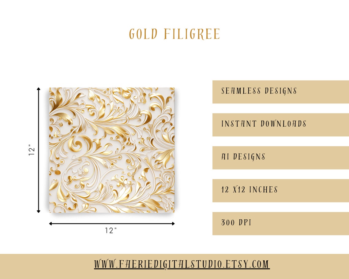 Luxurious Gold Filigree Digital Paper Set on White Background ...