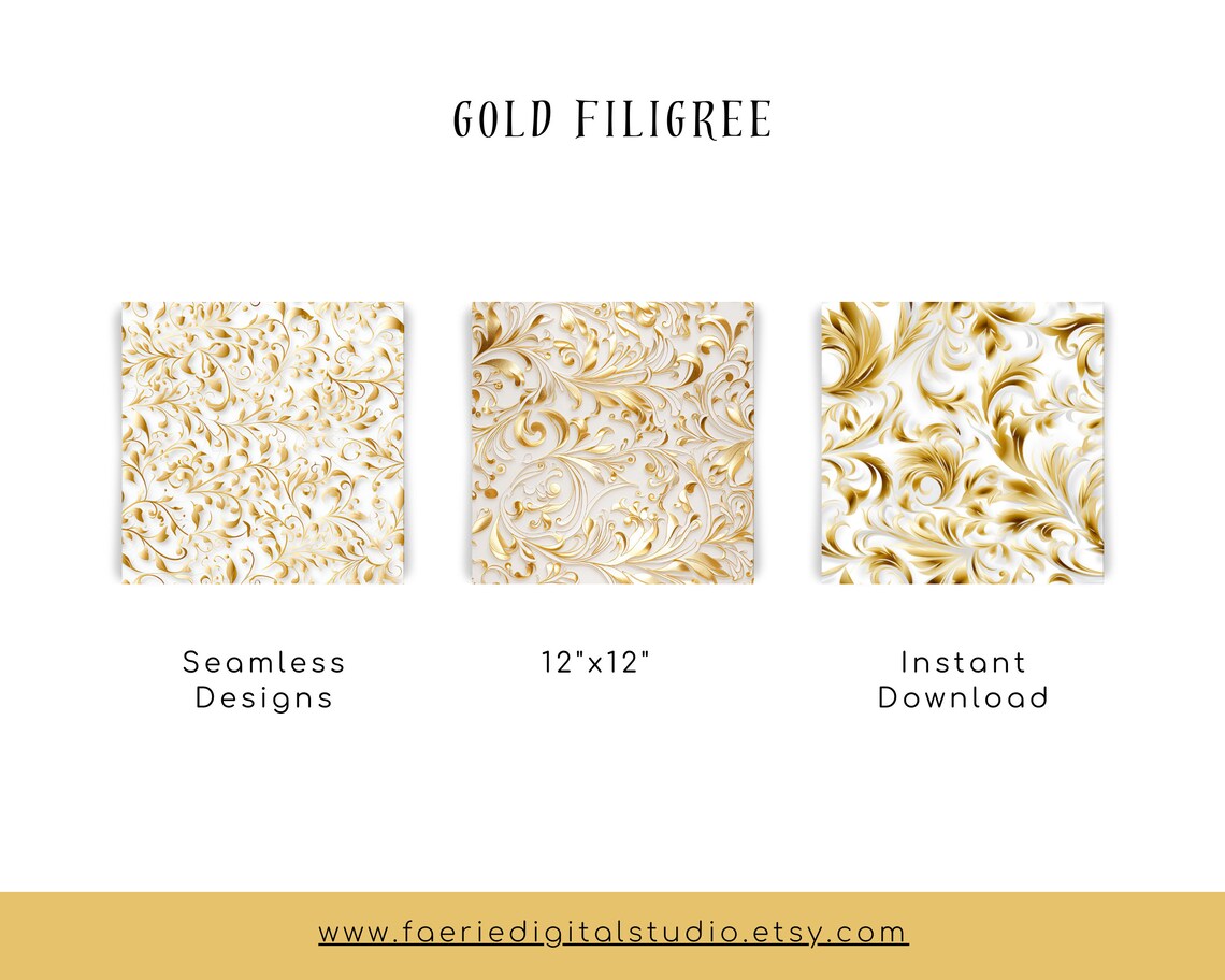 Luxurious Gold Filigree Digital Paper Set on White Background ...