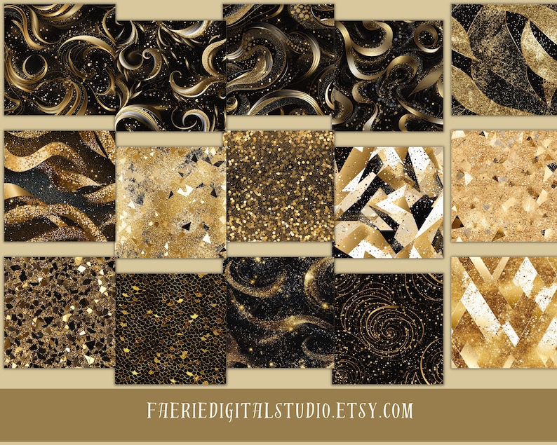 Gold Glitter, Digital Paper, Seamless Black and Gold Foil Backgrounds ...