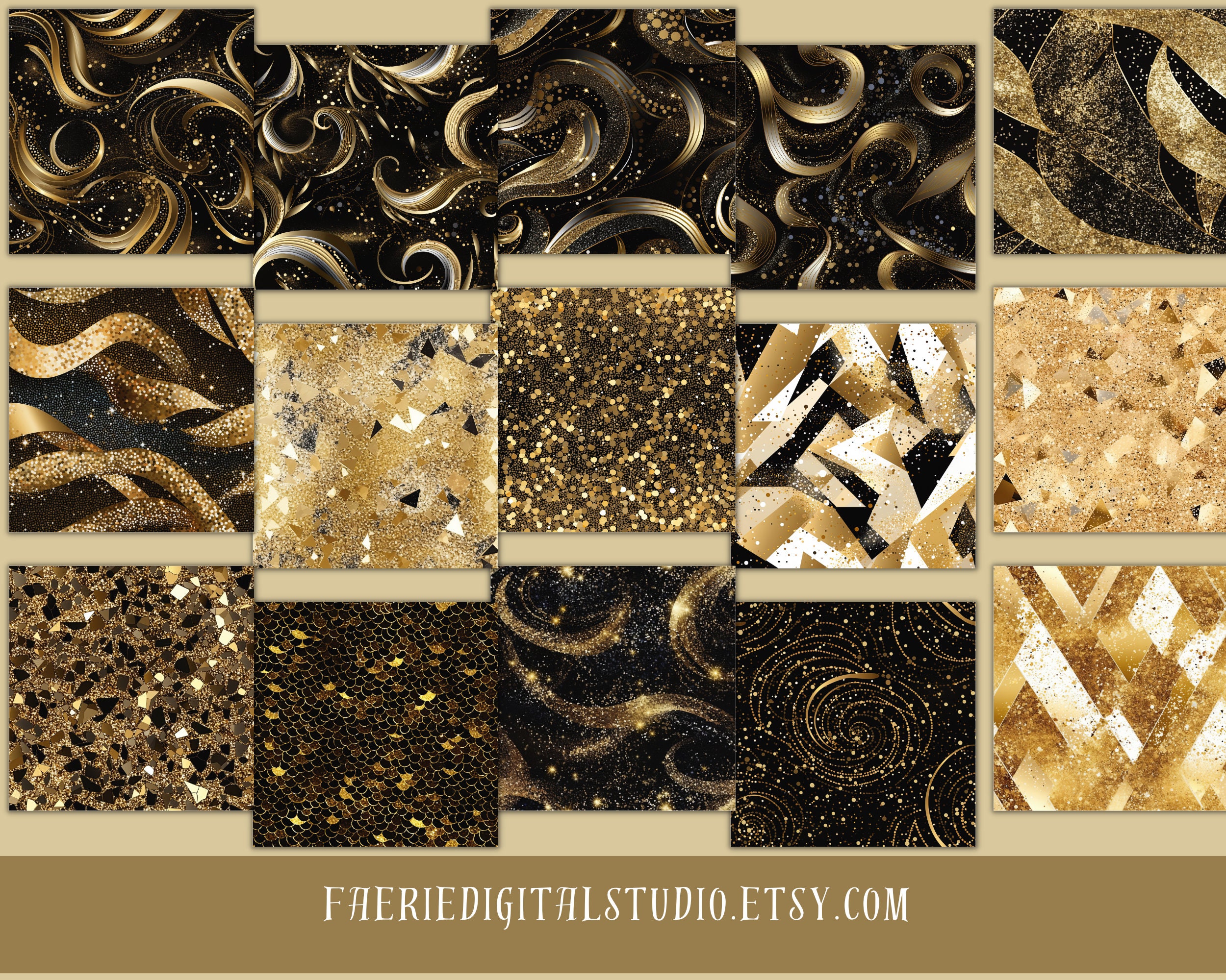 Gold Glitter, Digital Paper, Seamless Black and Gold Foil Backgrounds ...