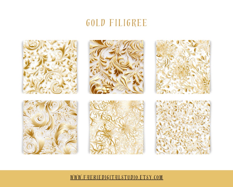 Luxurious Gold Filigree Digital Paper Set on White Background ...