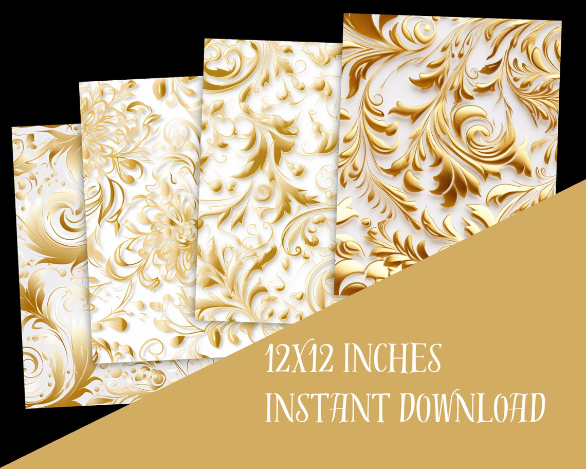 Luxurious Gold Filigree Digital Paper Set on White Background ...