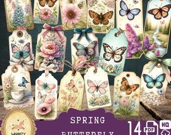 Vintage Butterflies Journal Tags, Botanical Printable Tags, Flowers ...