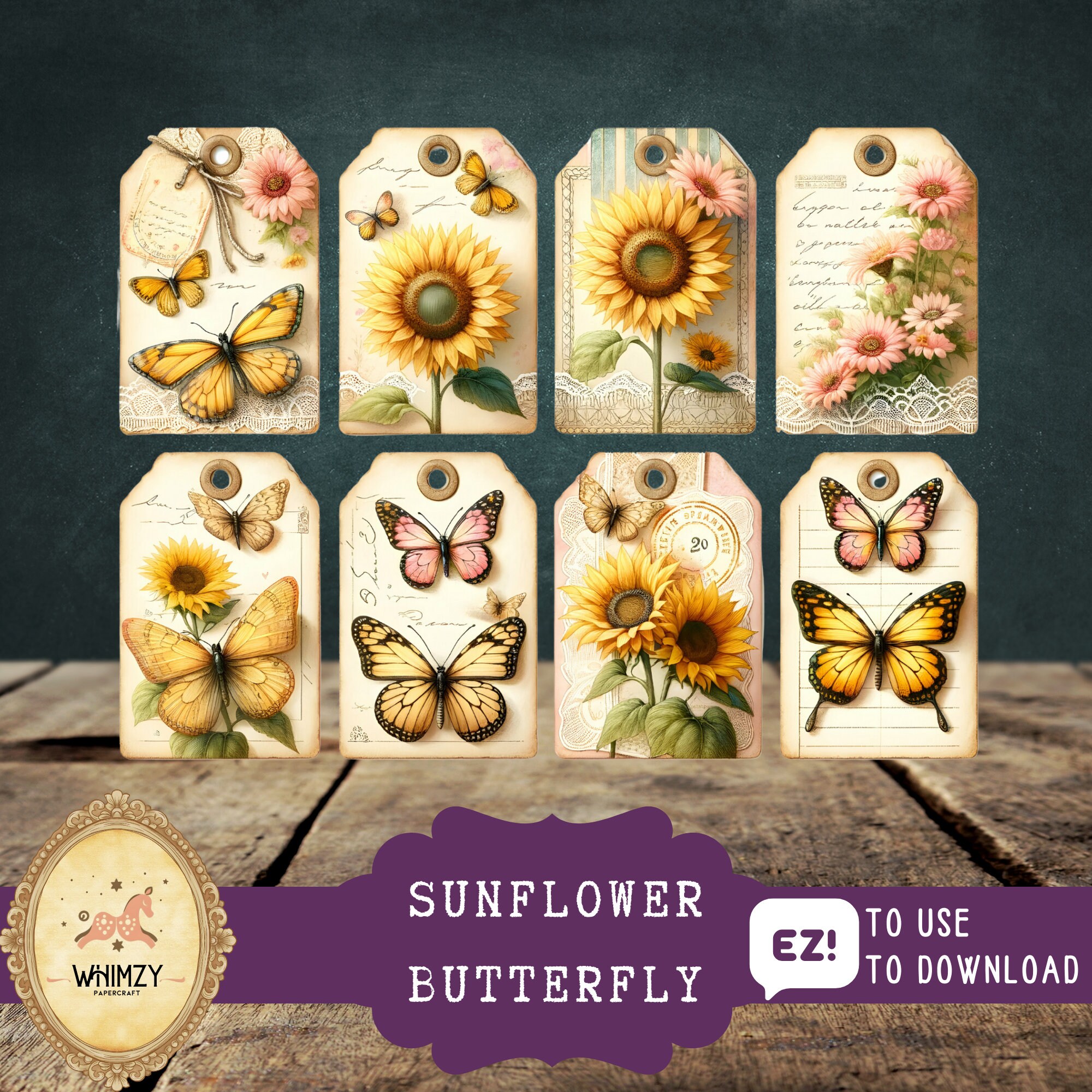 Sunflower Butterflies Journal Tags Botanical Printable Label Flowers ...