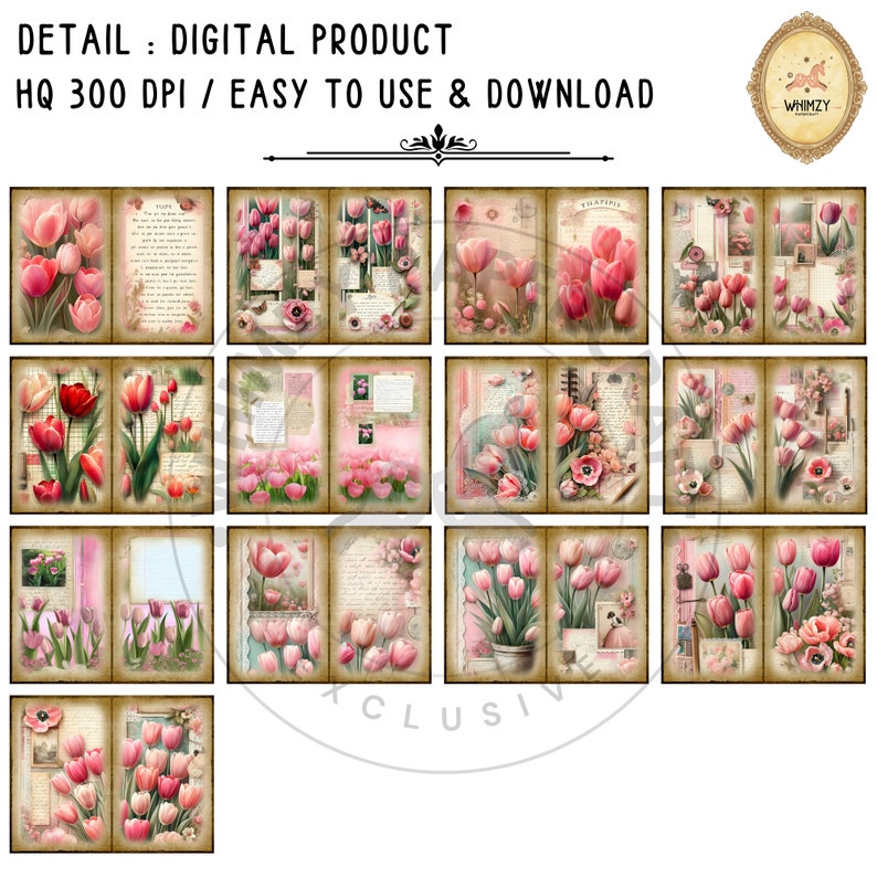 Tulips Junk Journal Kit Ephemera Pink Tulips Printable Tags & Labels ...