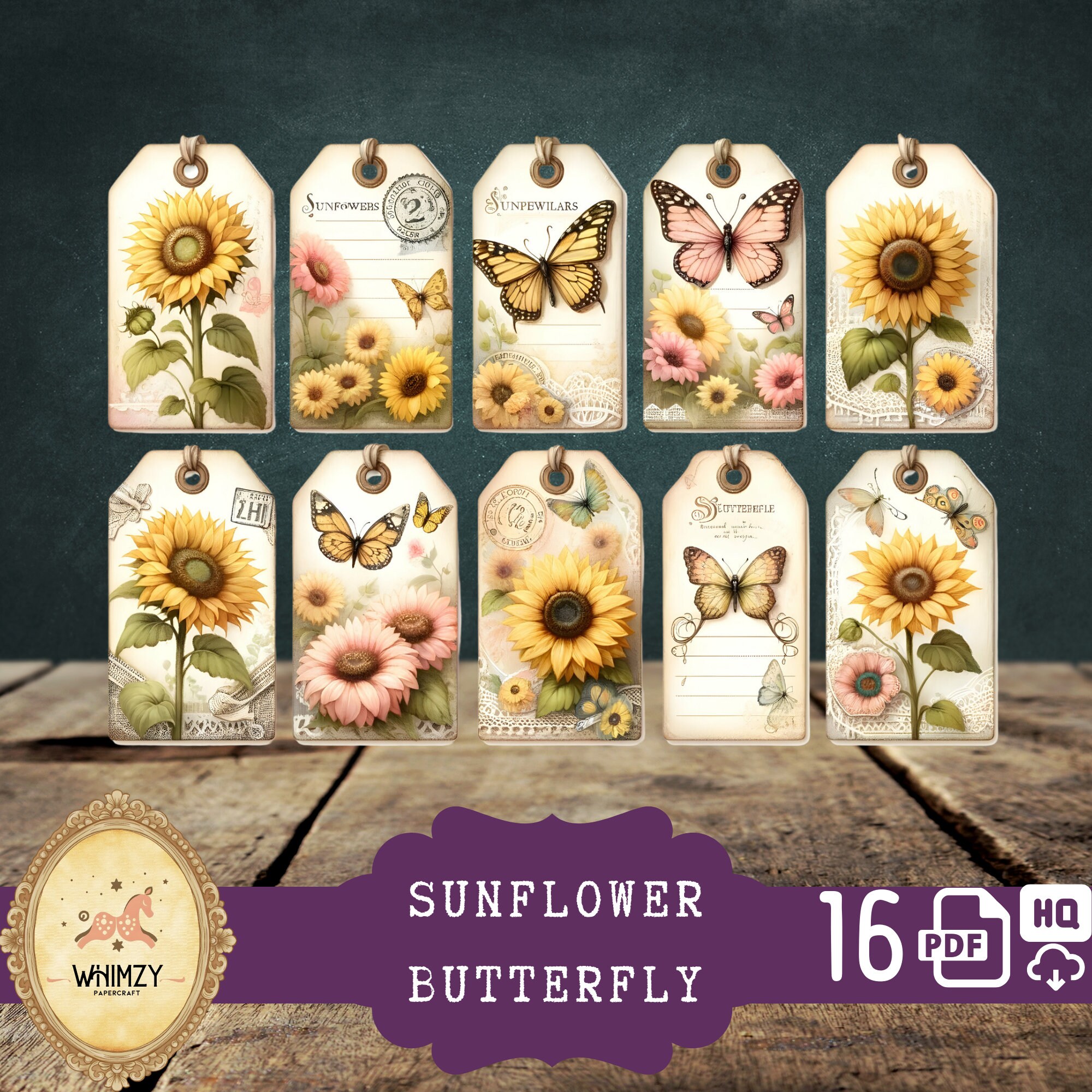 Sunflower Butterflies Journal Tags Botanical Printable Label Flowers ...
