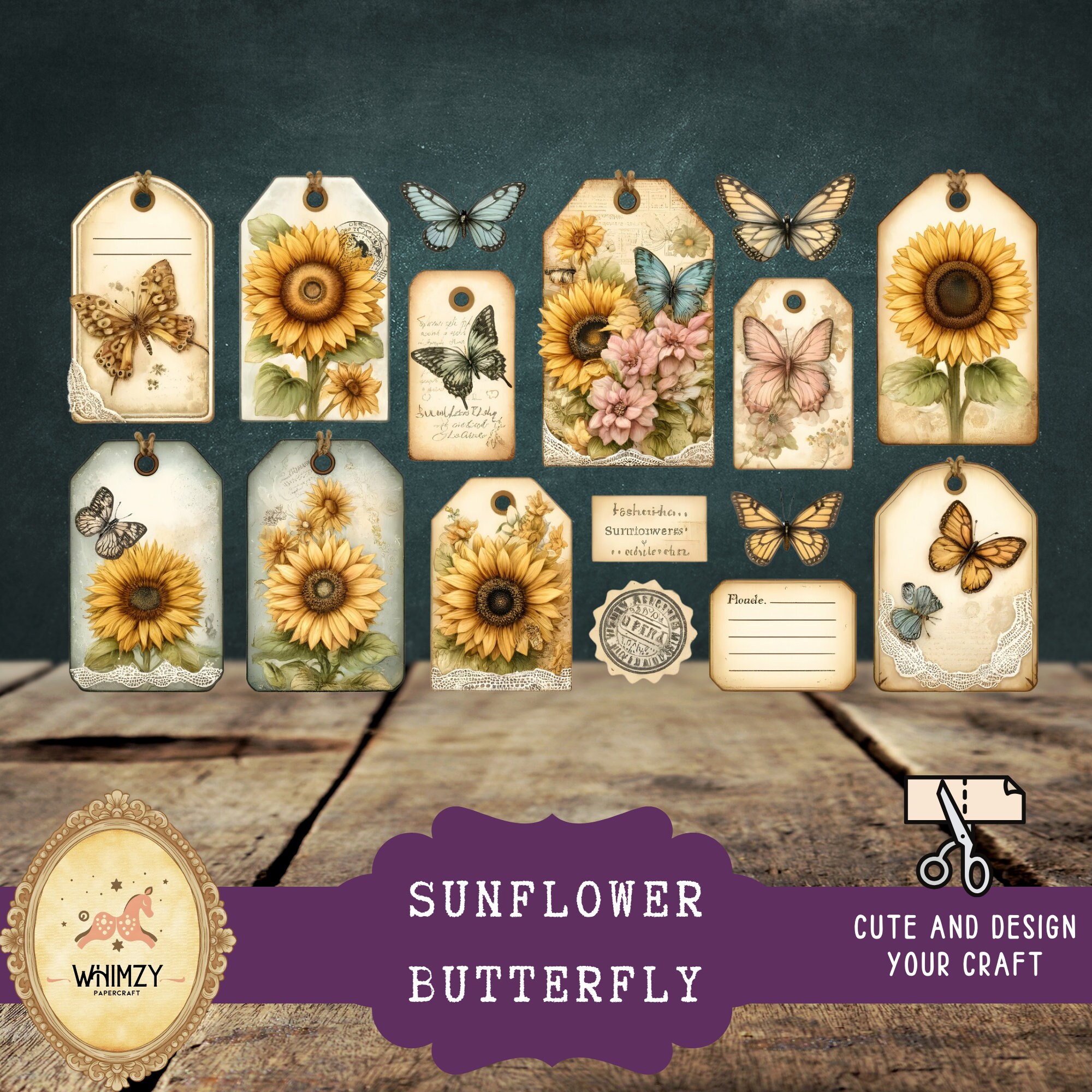 Sunflower Butterflies Journal Tags Botanical Printable Label Flowers ...