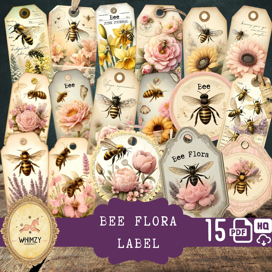 Bee Tag Fussy Cut Bees Bee Junk Journal Kit Bee Printables Fussy Cuts ...