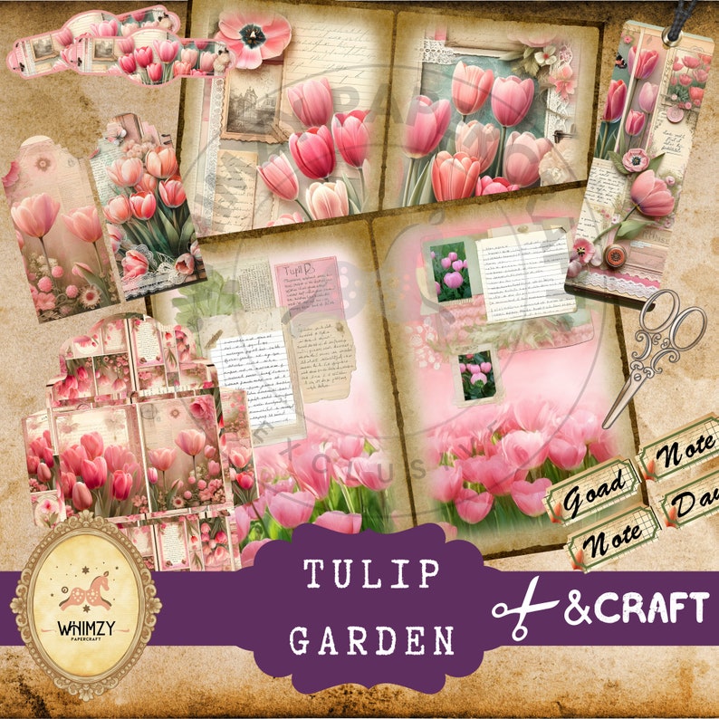 Tulips Junk Journal Kit Ephemera Pink Tulips Printable Tags & Labels ...