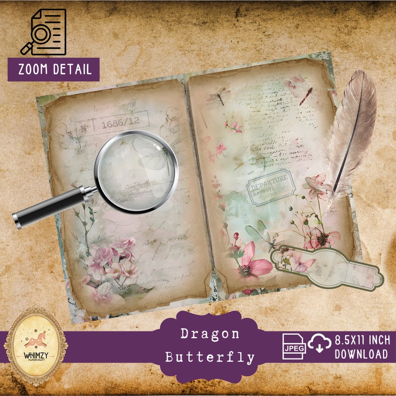 Dragonfly Junk Journal, Dragonflies Digi Kit Vintage Dragonfly Papers, Dragonfly Junk Journal ...
