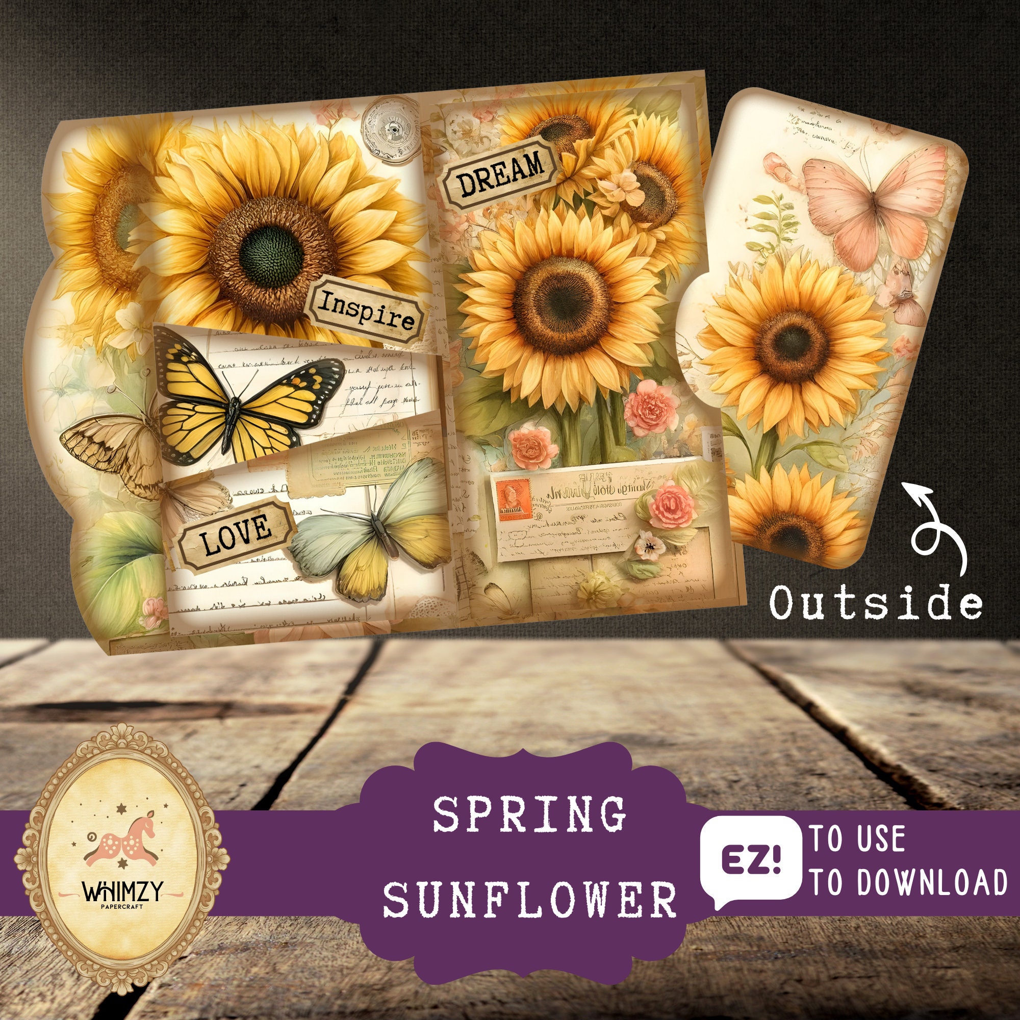 Sunflower Trifold Folio Junkjournal Kit Spring, Vintage Mini Folio Junk
