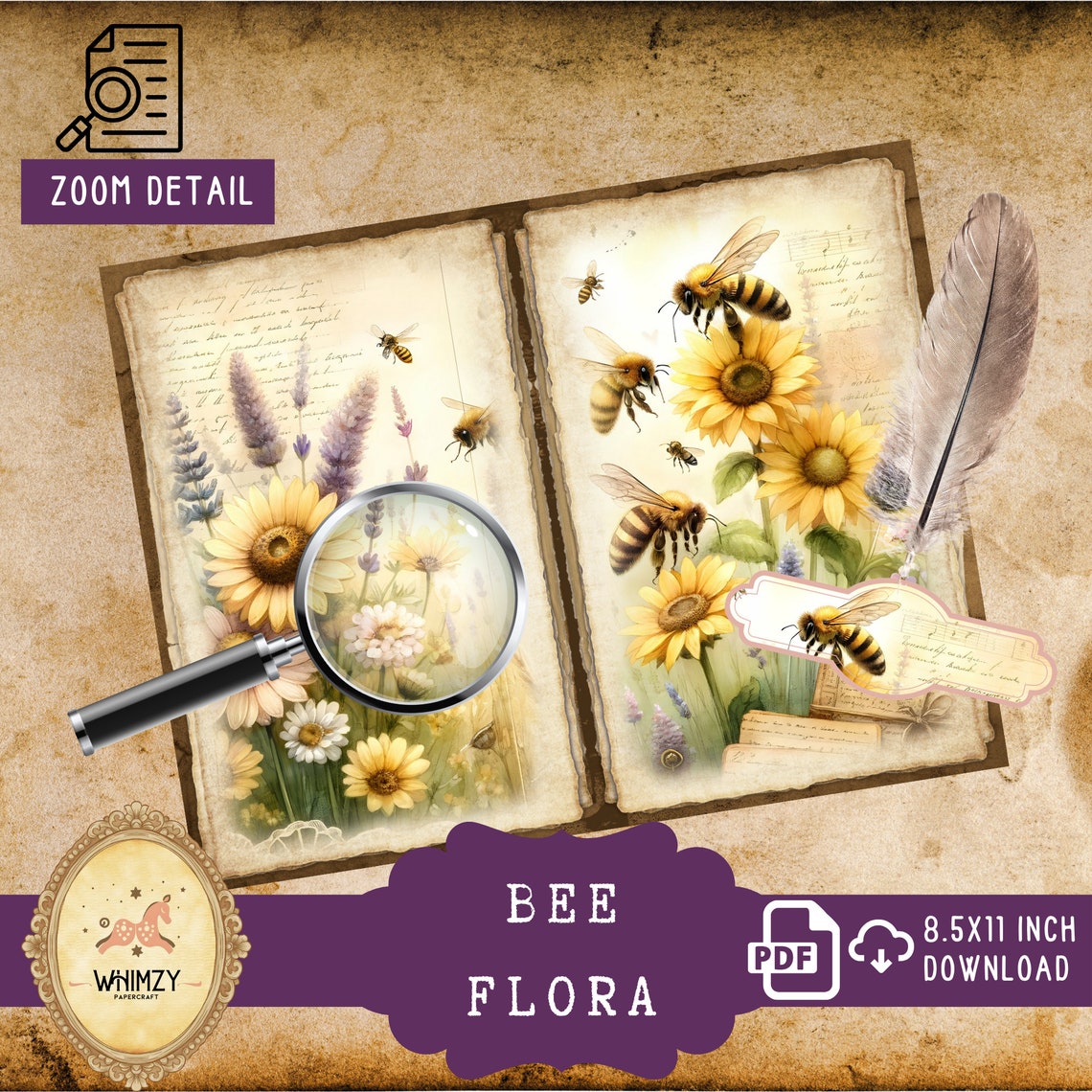 Bees Flora Junk Journal Vintage Bee Junk Journal Kit Digital Collage ...