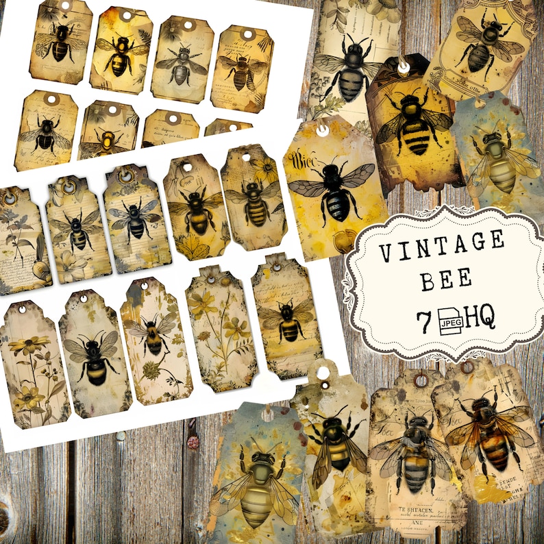 Bees Junk Journal Tag Vintage Bee Junk Journal Kit Label Collage Sheet ...