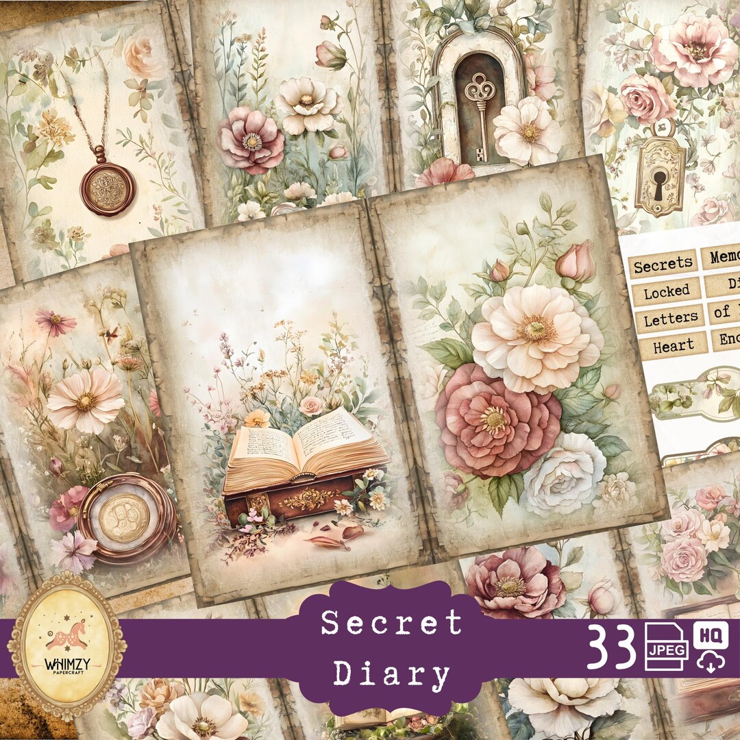Secret Memories Diary Junkjournal Kit Library Book Flower Diary Lost ...