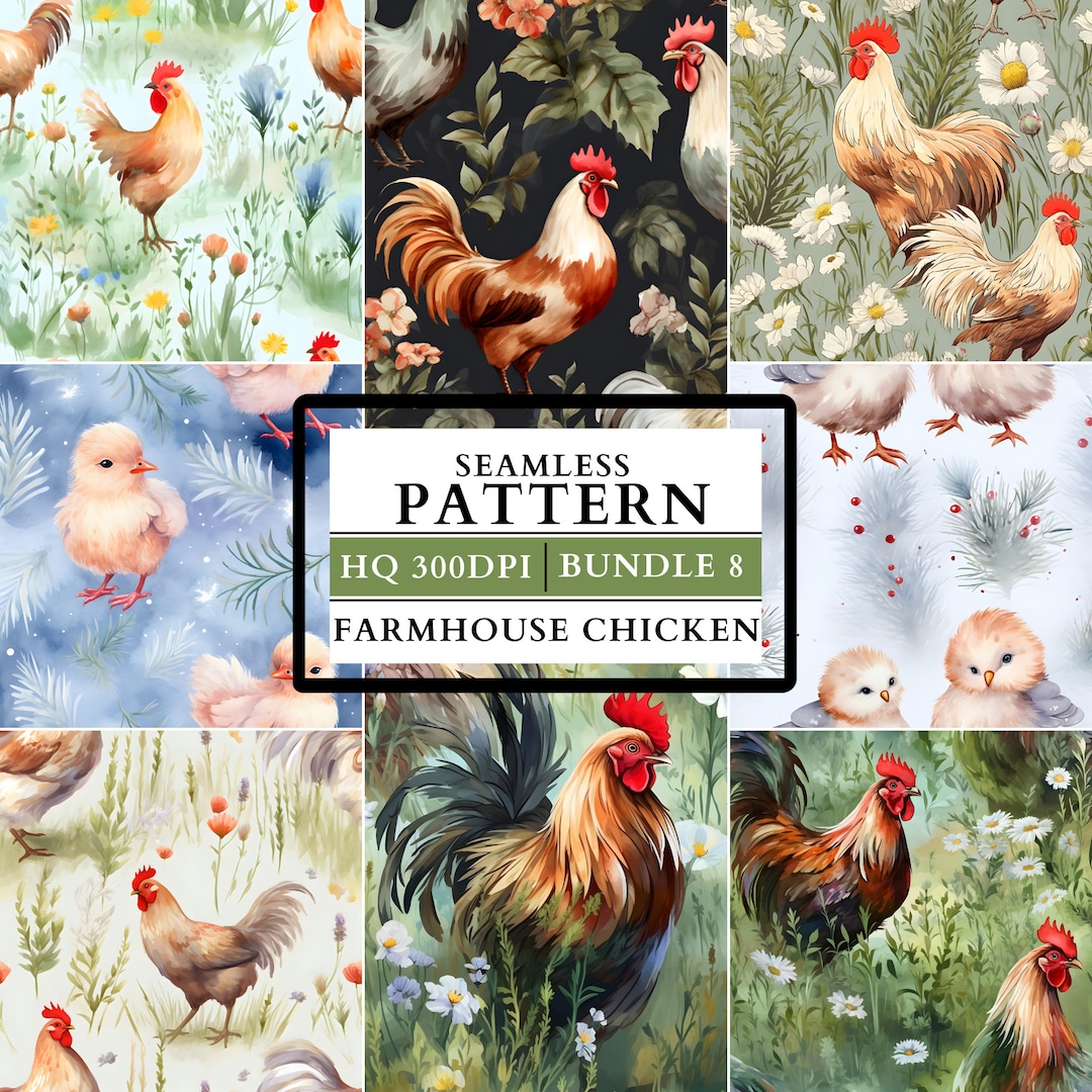Farmhouse Chicken Watercolor Seamless Pattern, Chicken Pattern ...