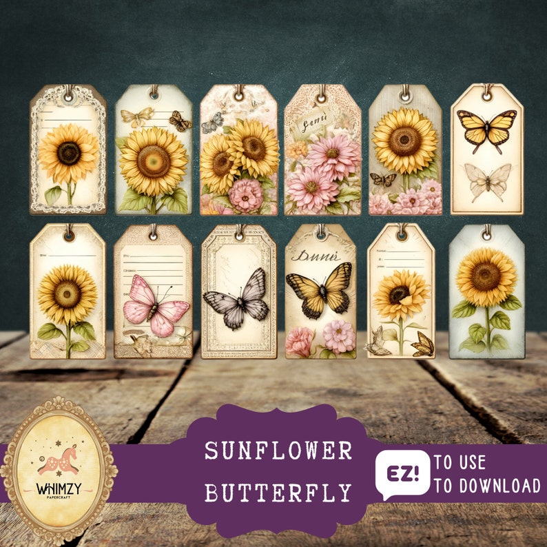 Sunflower Butterflies Journal Tags Botanical Printable Label Flowers ...