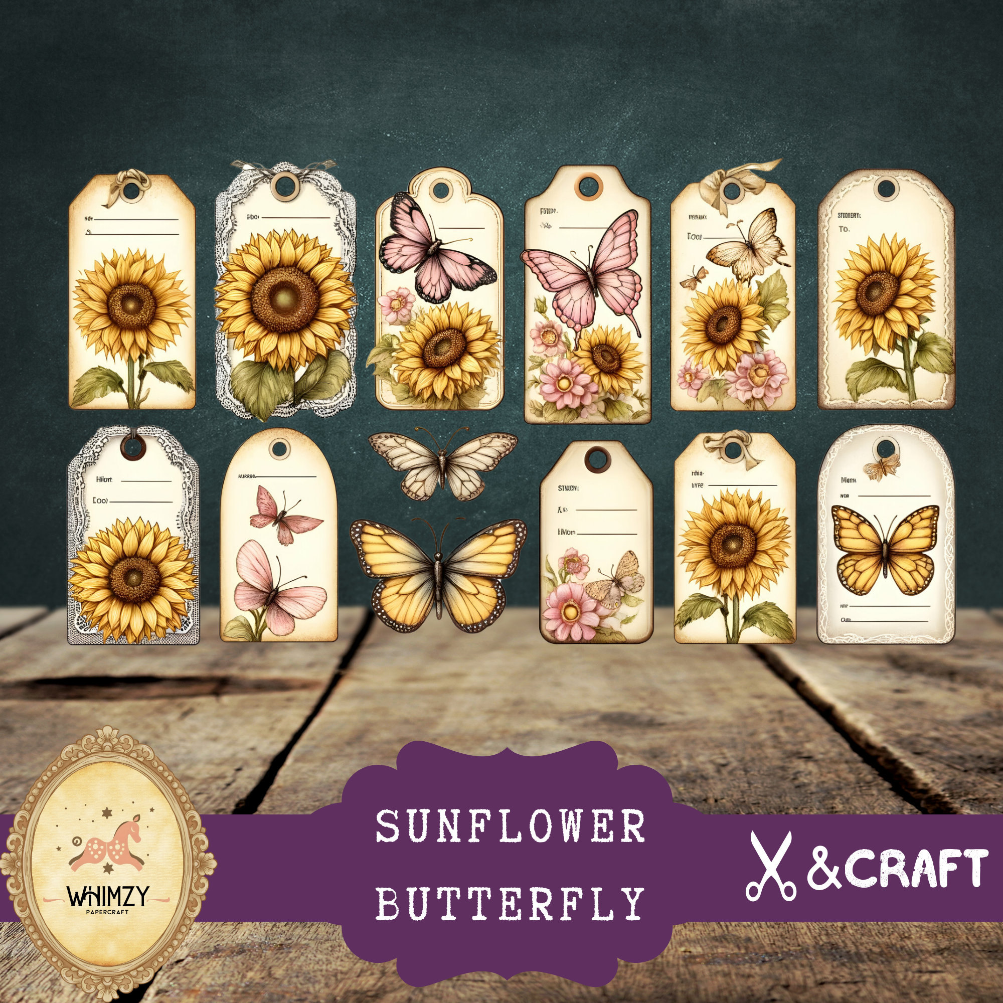 Sunflower Butterflies Journal Tags Botanical Printable Label Flowers ...
