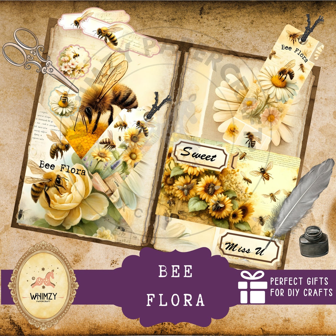 Bees Flora Junk Journal Vintage Bee Junk Journal Kit Digital Collage ...