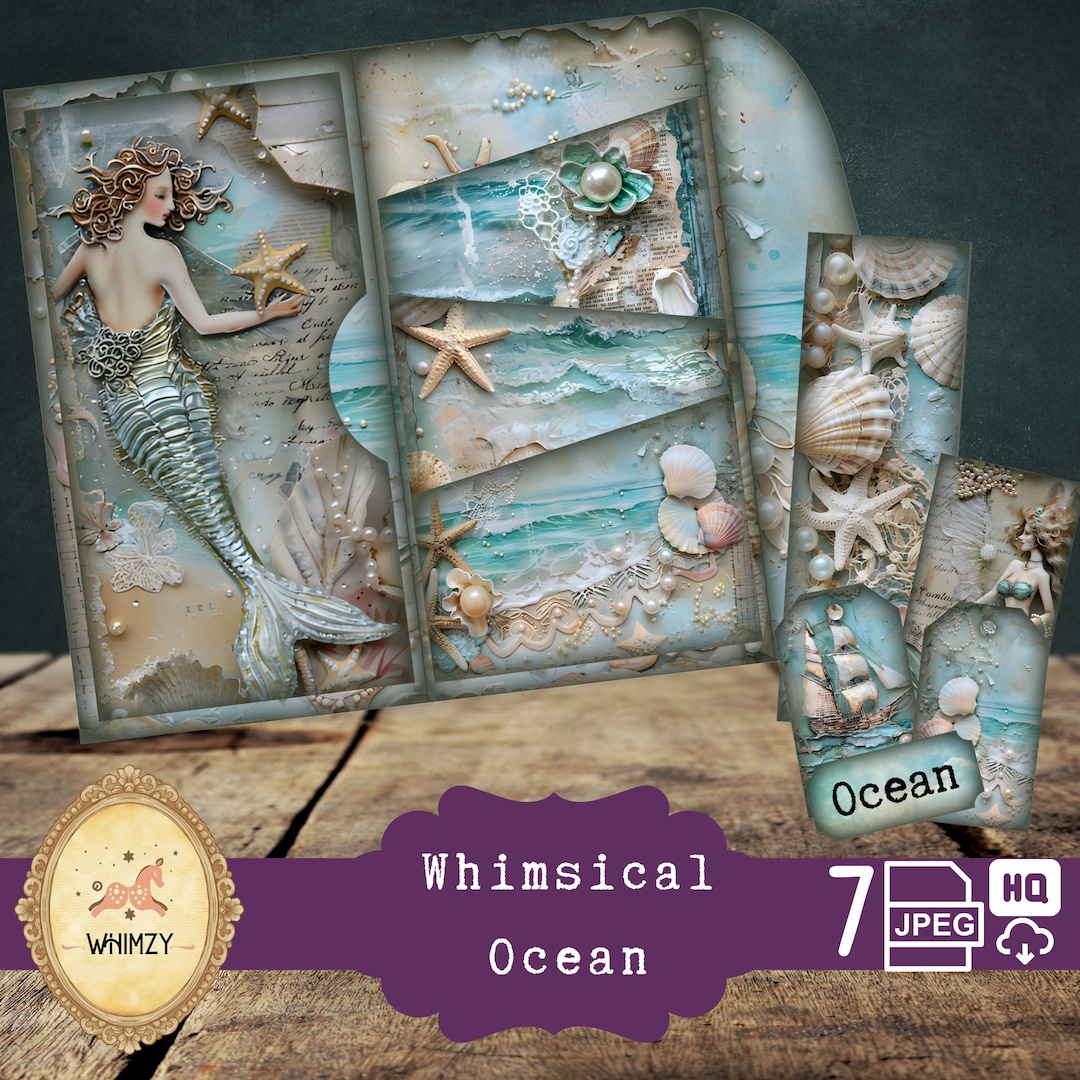 Ocean Trifold Folio Junkjournal Kit Beach Oceanside DIY Mini Folio Junk Journal Kit Digital ...