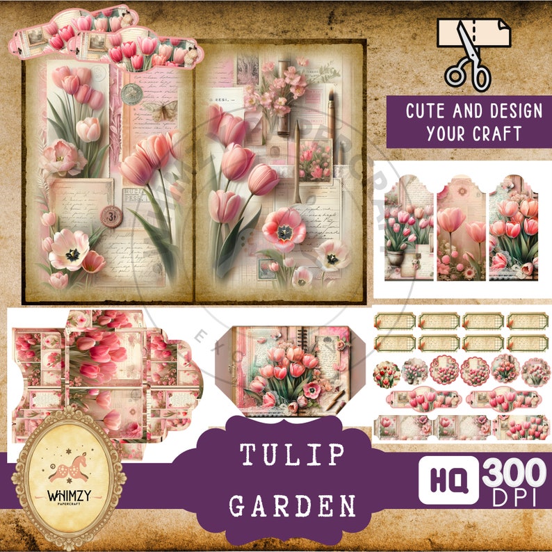 Tulips Junk Journal Kit Ephemera Pink Tulips Printable Tags & Labels ...