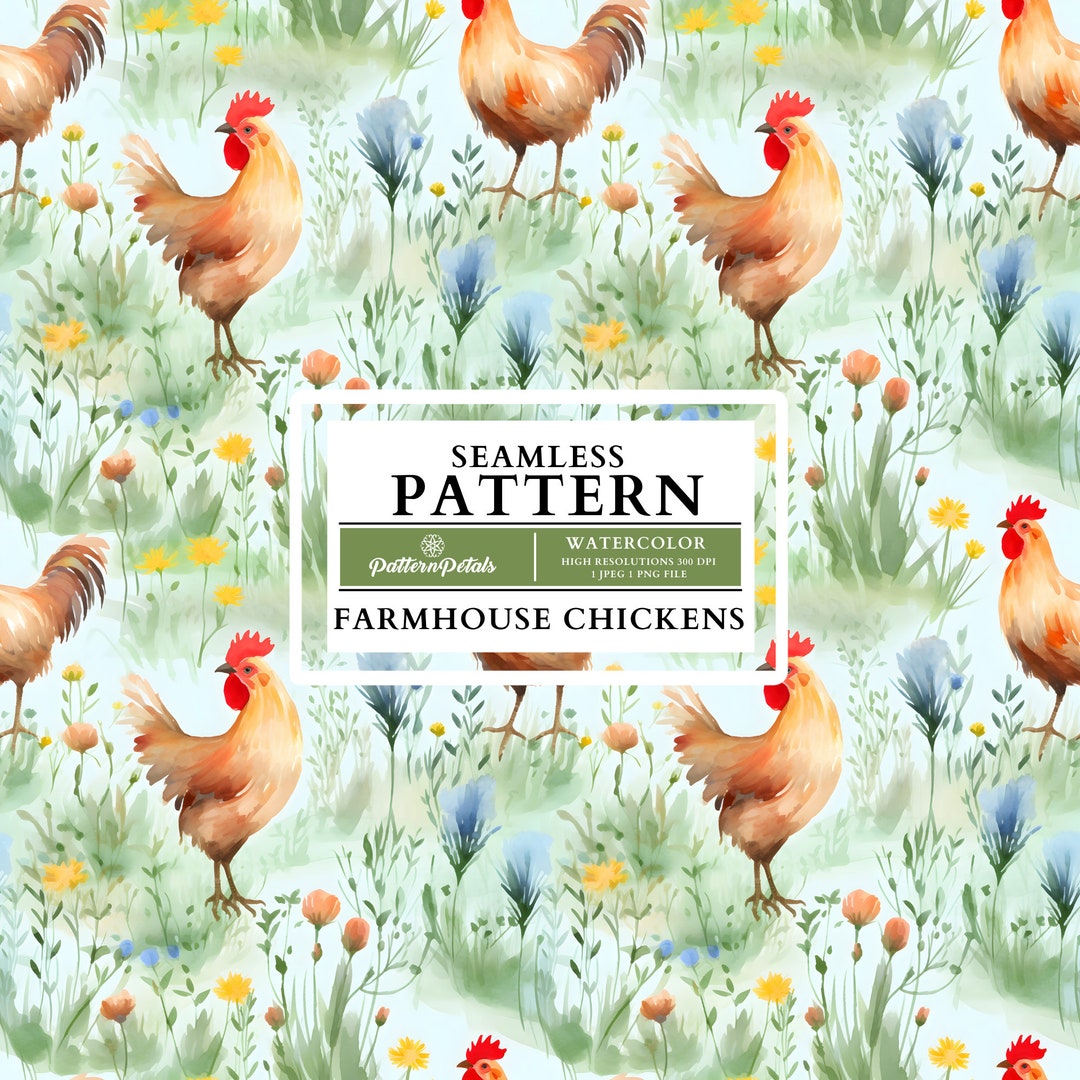 Farmhouse Chicken Floral Watercolor Seamless Pattern Chicken Patterns ...