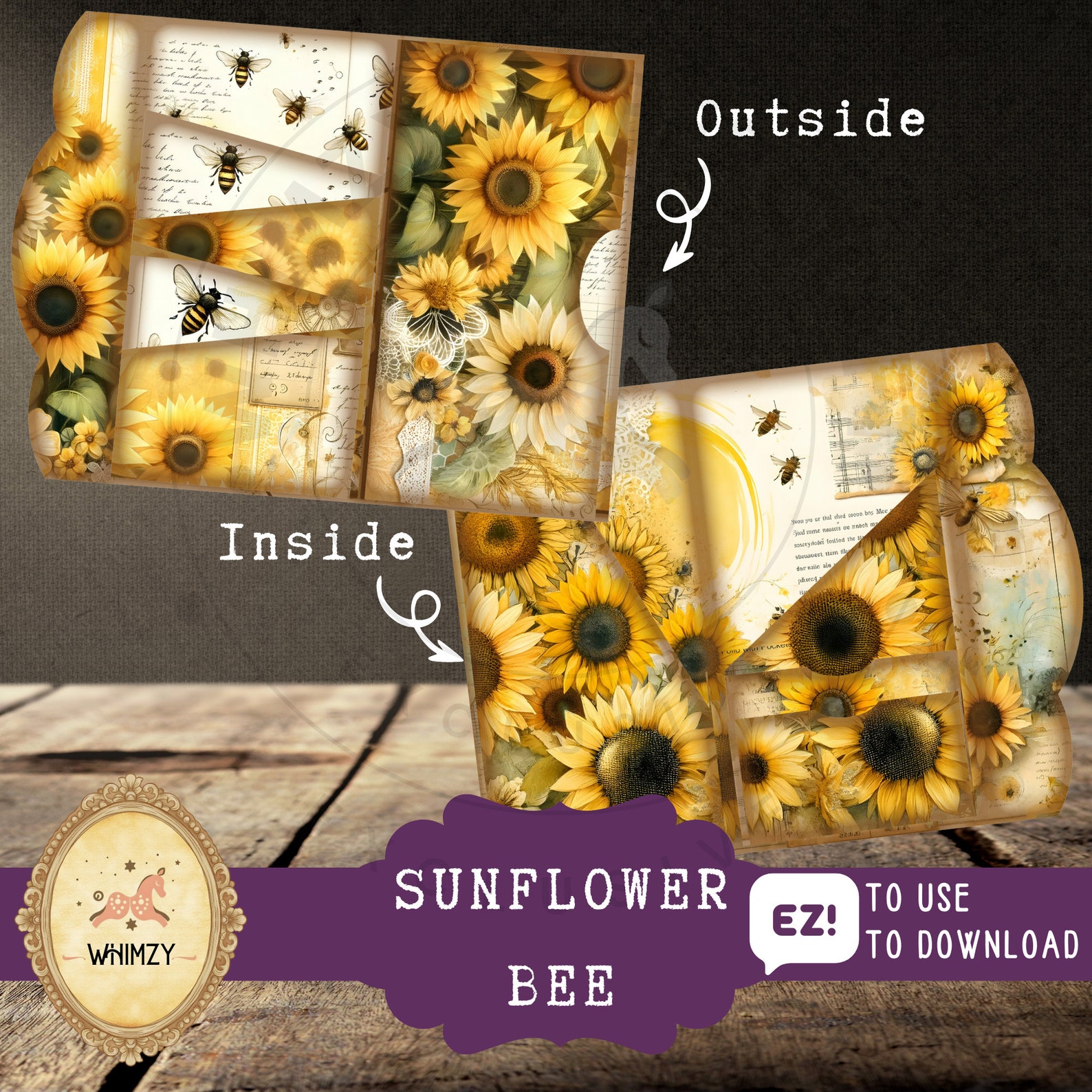 Sunflower Trifold Folio Junkjournal Kit Vintage DIY Mini Folio Junk ...