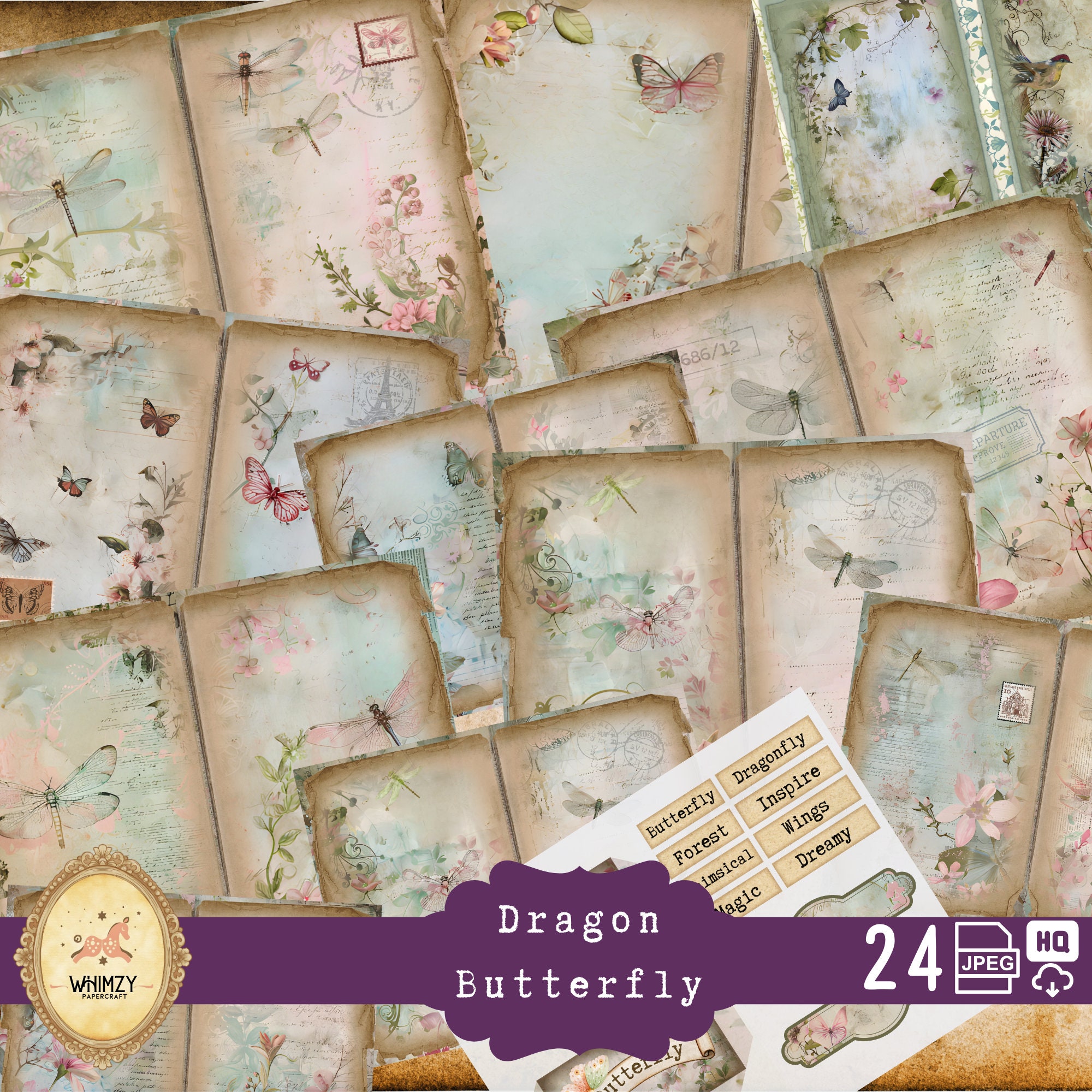 Dragonfly Junk Journal, Dragonflies Digi Kit Vintage Dragonfly Papers, Dragonfly Junk Journal ...
