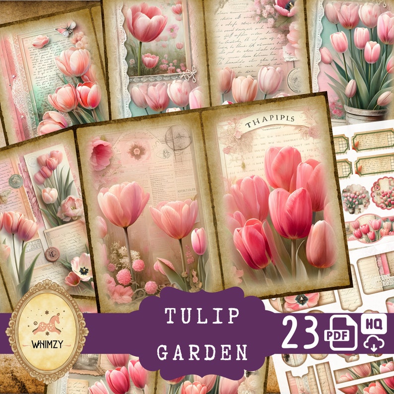 Tulips Junk Journal Kit Ephemera Pink Tulips Printable Tags & Labels ...